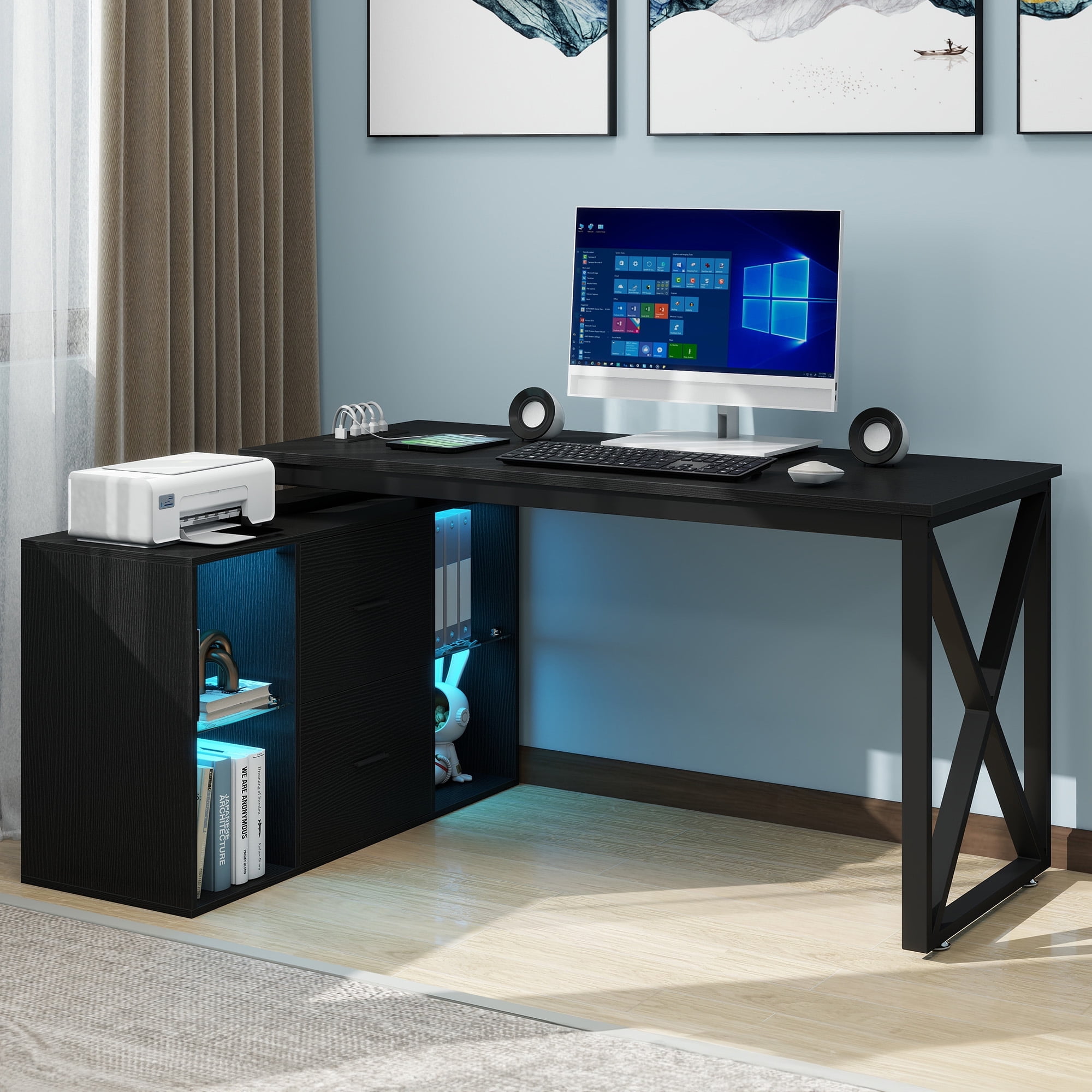 Dextrus L Shaped Desk with LED Light & Power Outlets, 55 inch ...