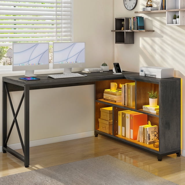 Dextrus L Shaped Desk with LED Light & Power Outlets, 55 inch ...