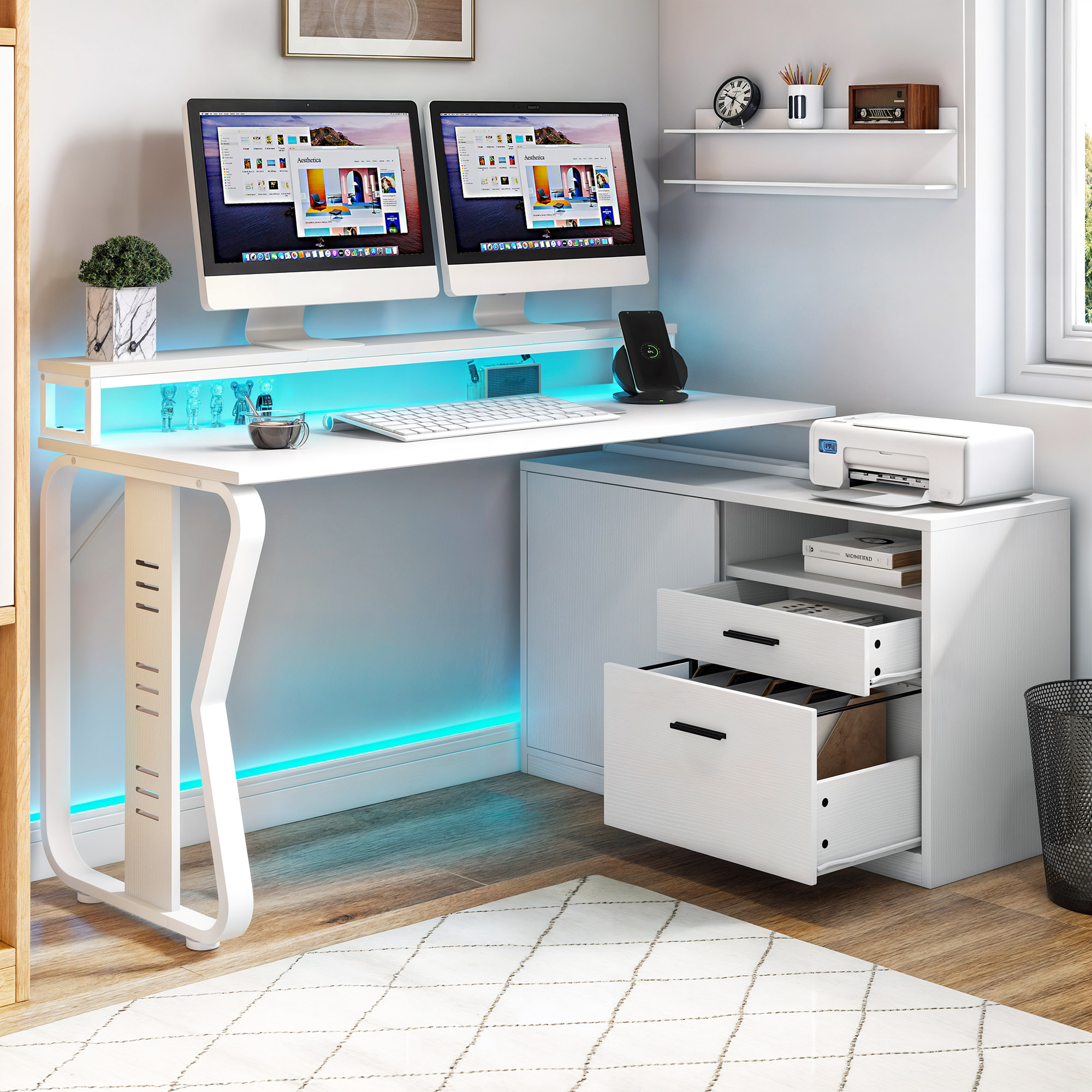 Inval Modern Corner Desk with 2 Drawers and Cabinet, Washed Oak ...