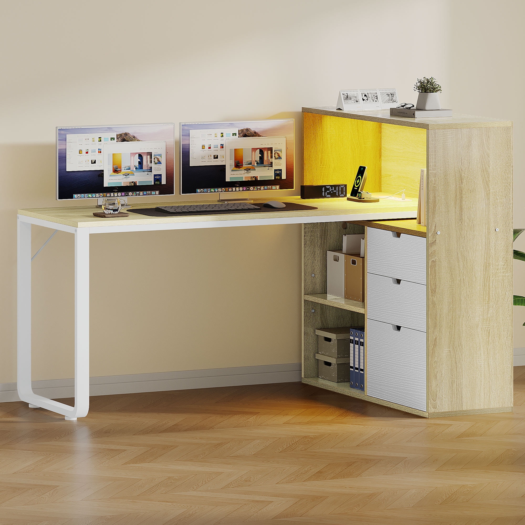 Dextrus L Shaped Desk with Power Outlets & LED Lights, Computer Desk ...