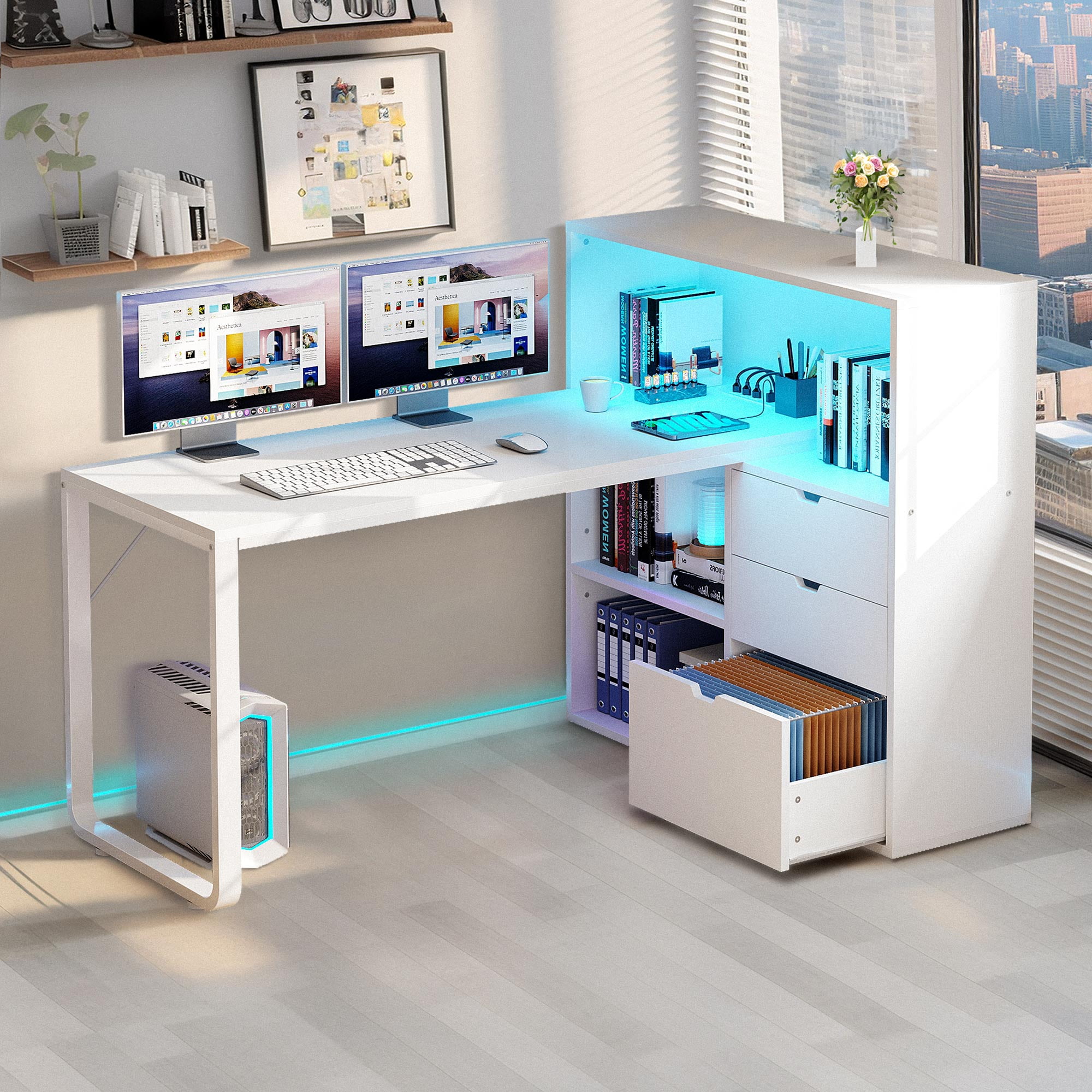 Dextrus L Shaped Desk with Power Outlets & LED Lights, Computer Desk ...