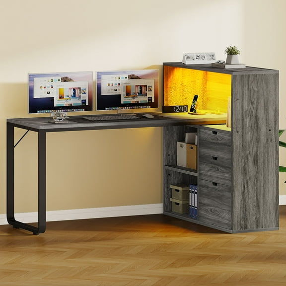 Reversible L-Shaped Desk with Power Outlets, RGB LED, and Storage ...