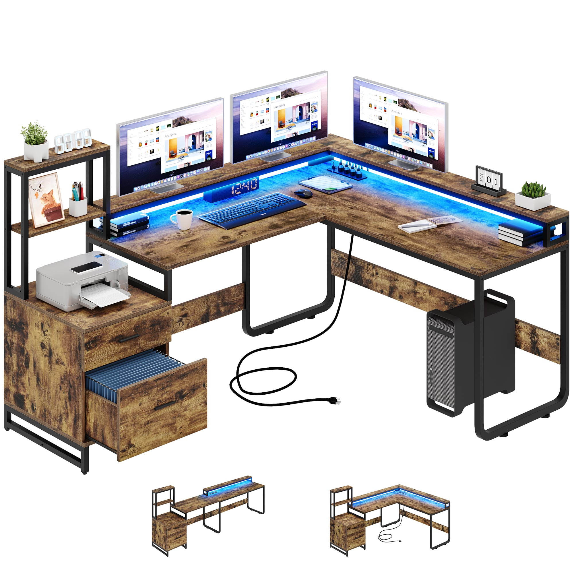 Dextrus L Shaped Desk with Power Outlets & LED Lights, Reversible ...