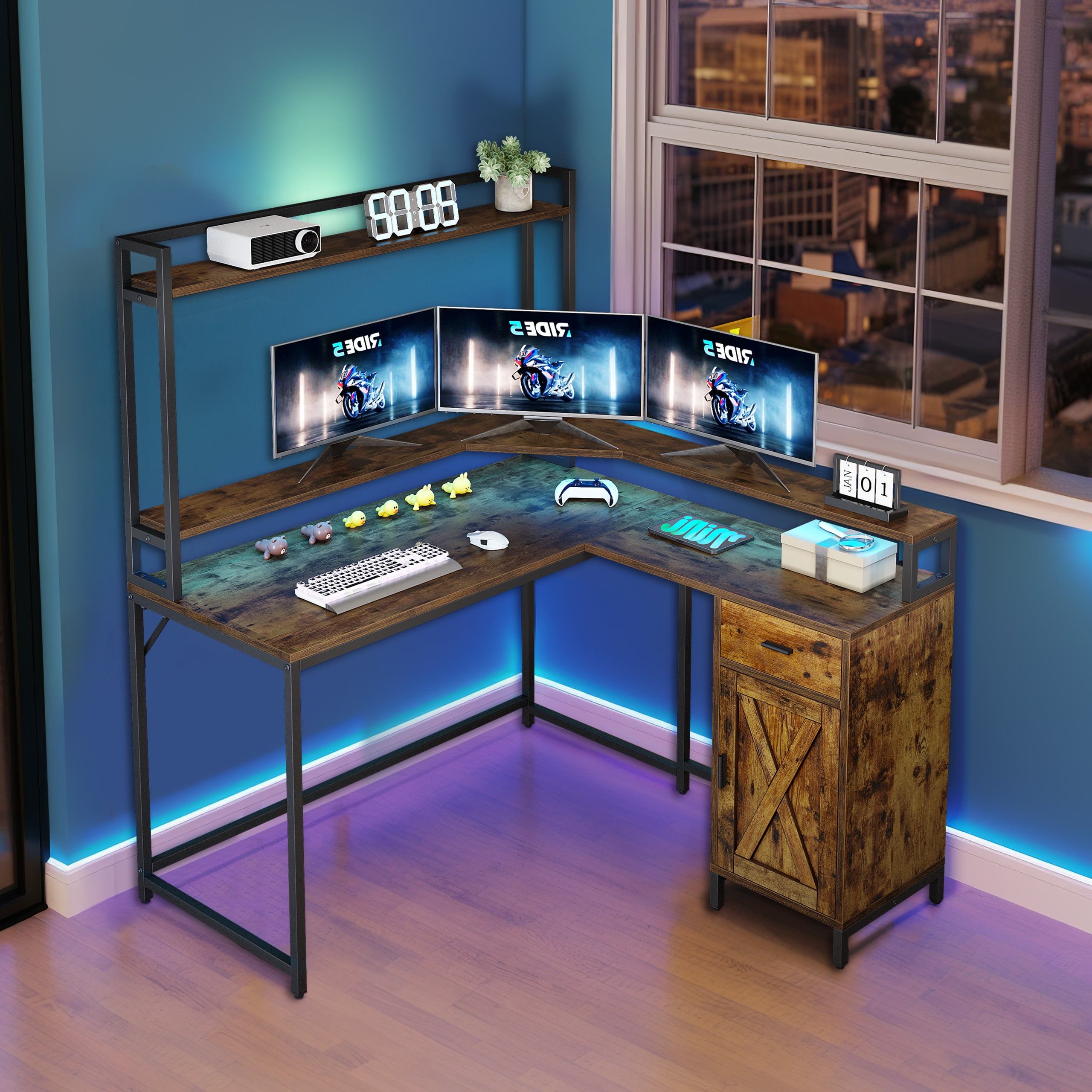 Dextrus L Shaped Desk with Hutch & LED Lights, Computer Desk with ...