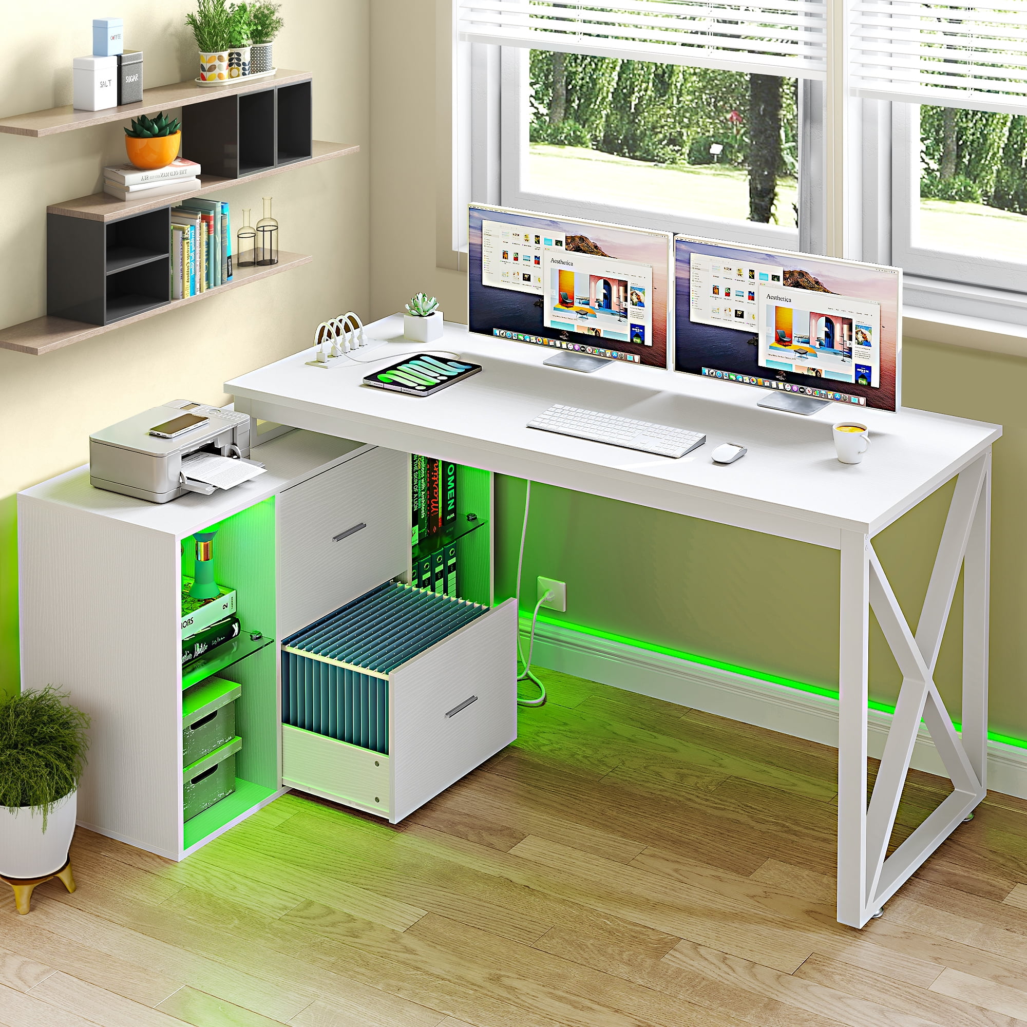 Dextrus L Shaped Desk with LED Light & Power Outlets, 55 Inch ...