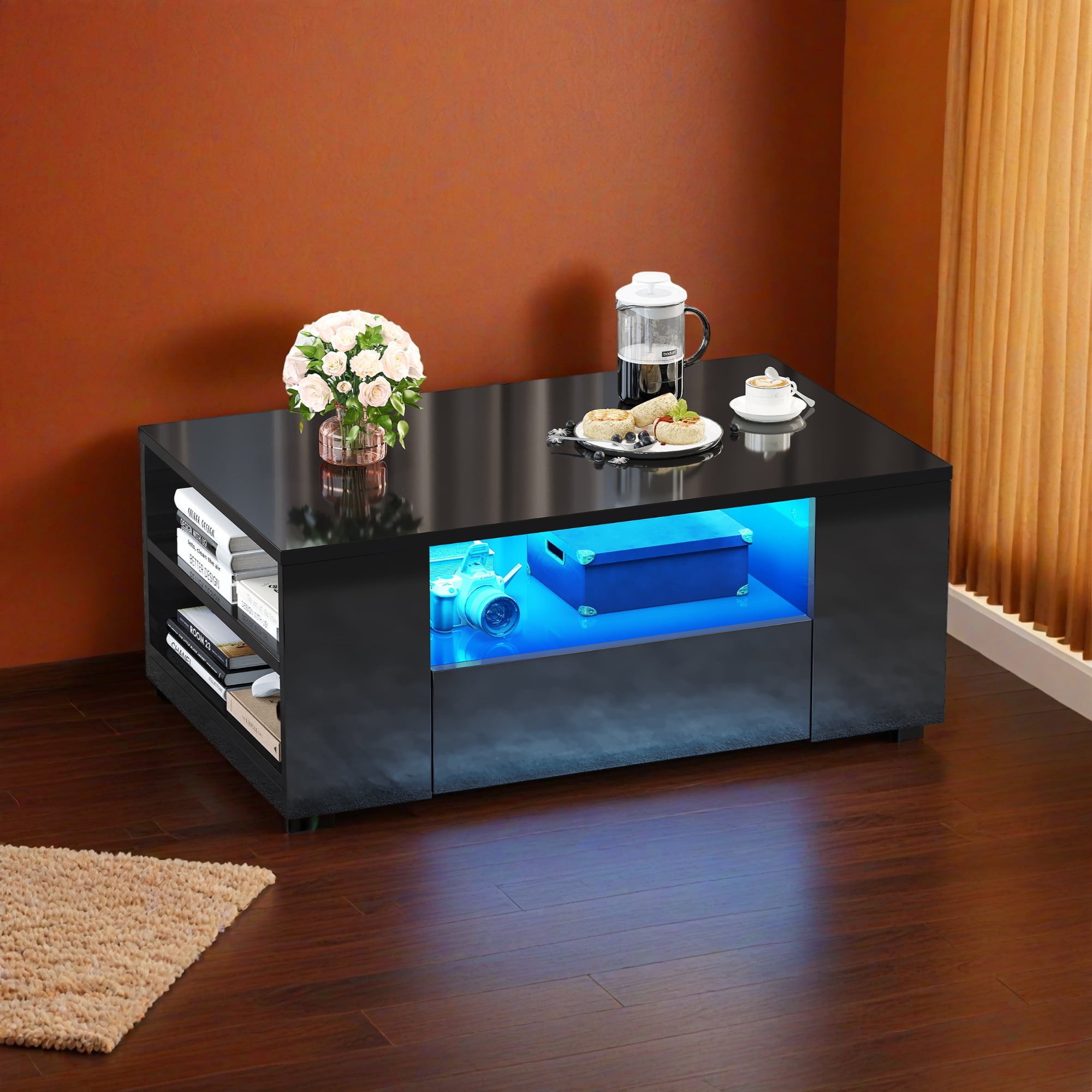 Dextrus LED Coffee Tables High Glossy Center Table with 2 Sliding ...