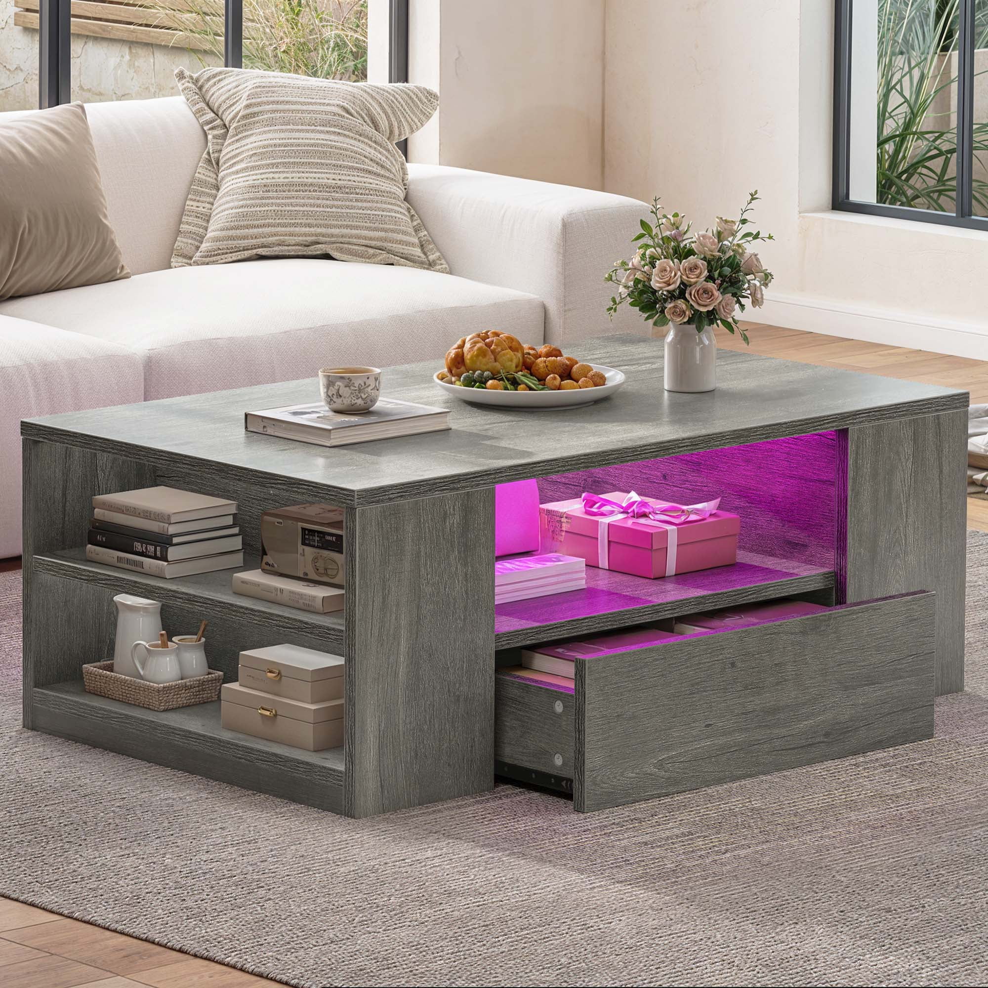 Dextrus LED Coffee Tables High Glossy Center Table with 2 Sliding ...