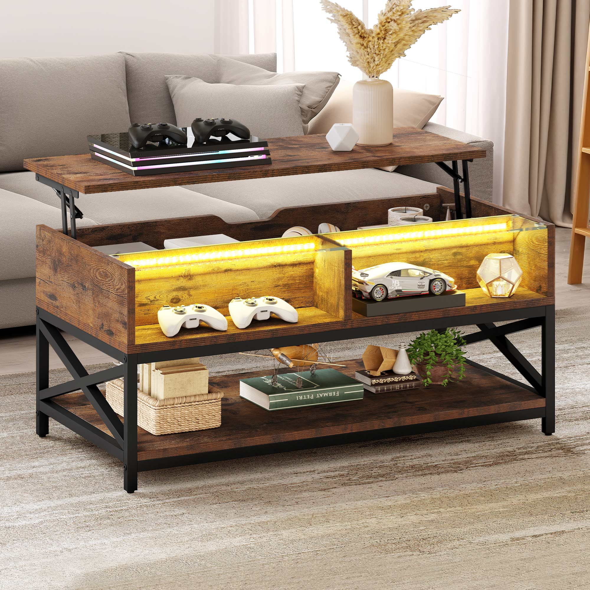 Dextrus LED Lift Top Coffee Table with Storage, Farmhouse Center Table ...
