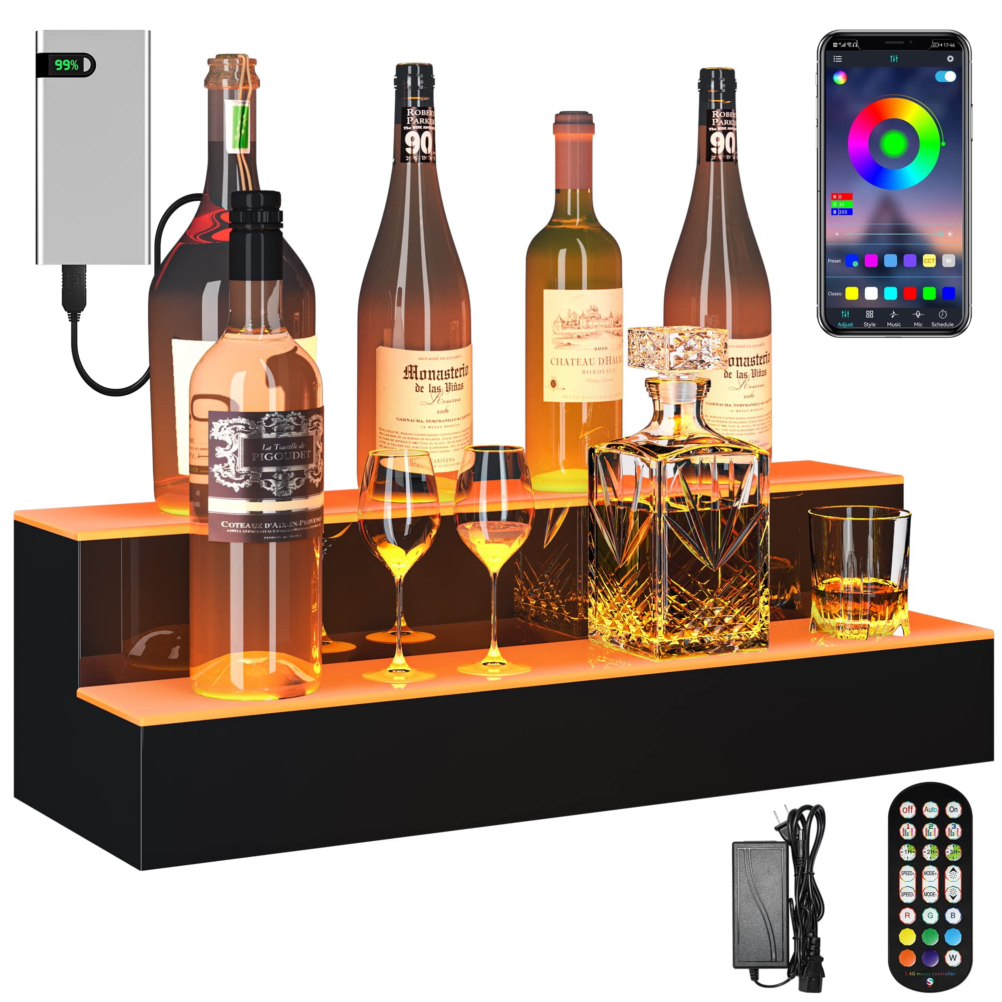 Dextrus LED Lighted Liquor Bottle Display Shelf 2-Step 24-inch Acrylic ...