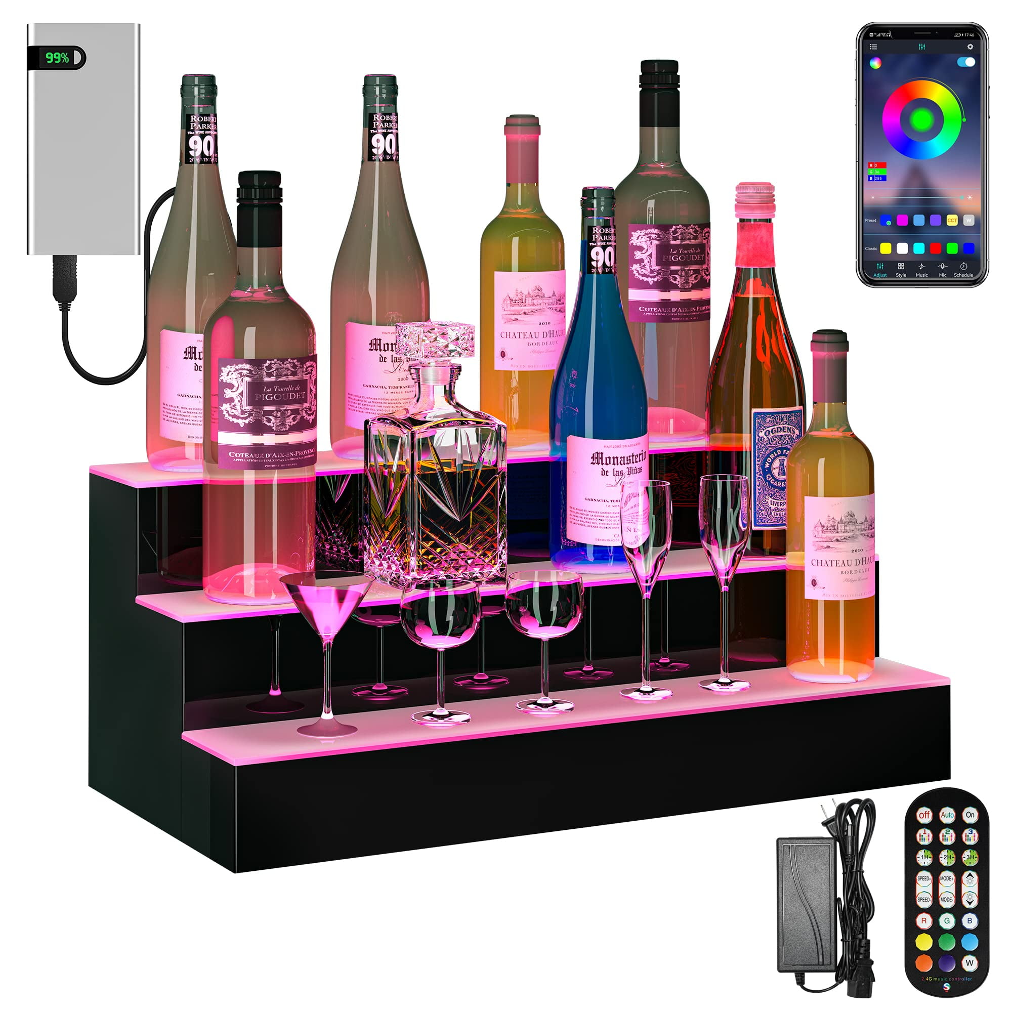Dextrus LED Lighted Liquor Bottle Display Shelves 3-Step 24-inch ...