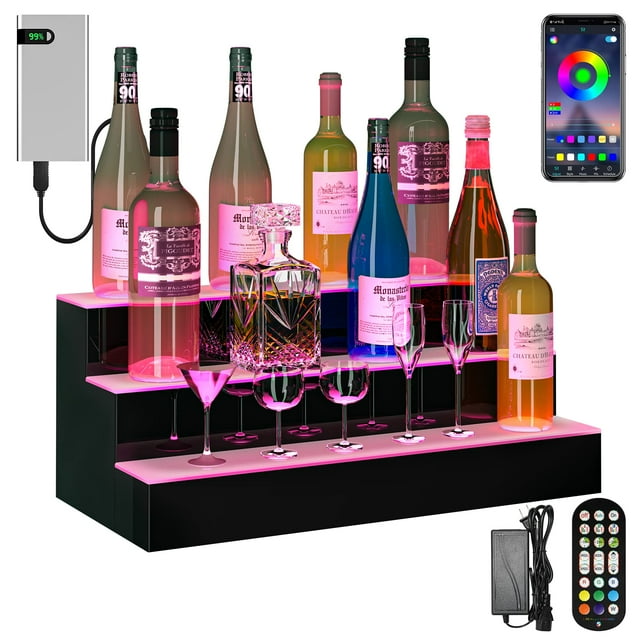 Dextrus LED Lighted Liquor Bottle Display Shelves 3-Step 24-inch ...