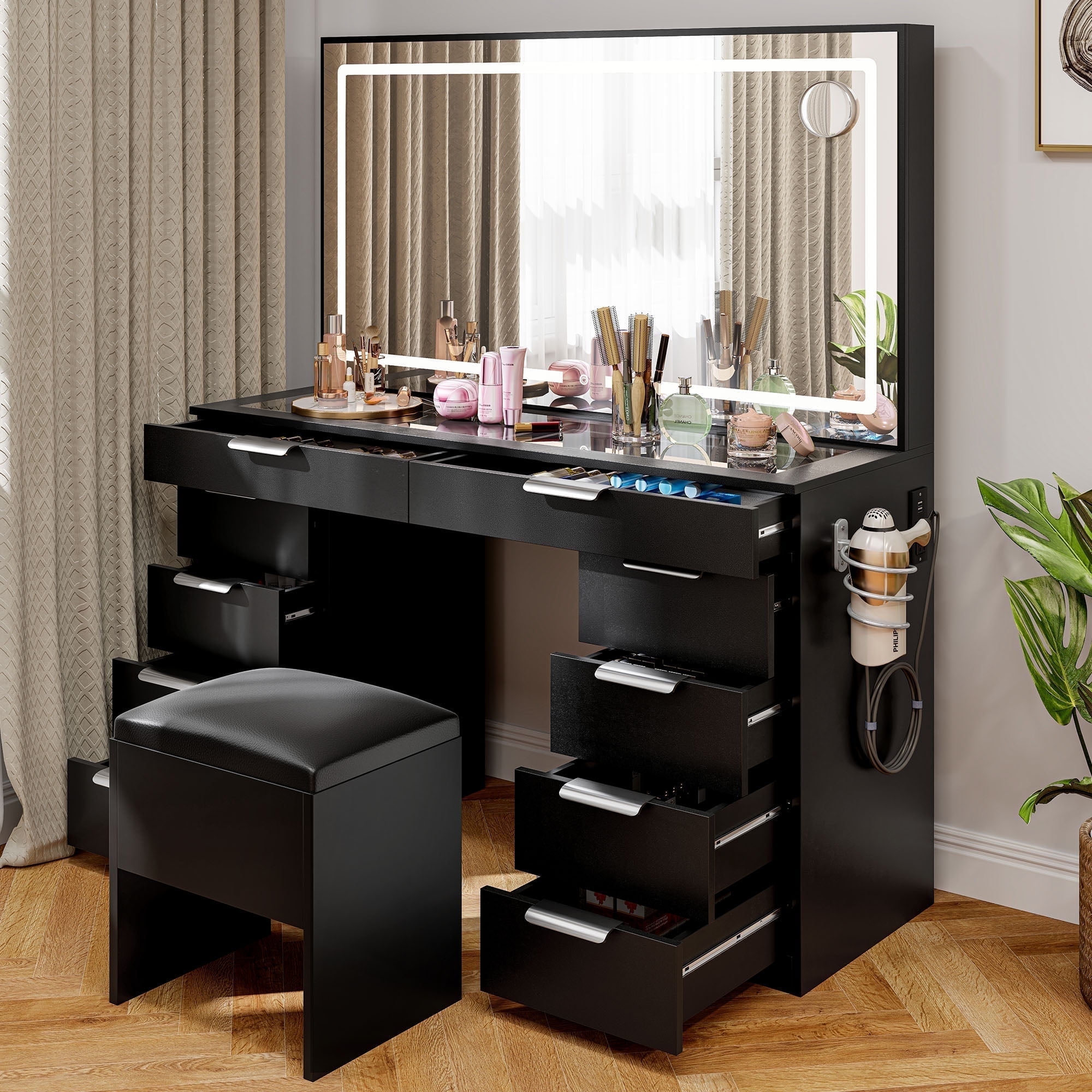 Dextrus LED Lights Mirror Vanity Desk Glass Top Drawers Table Set Black ...