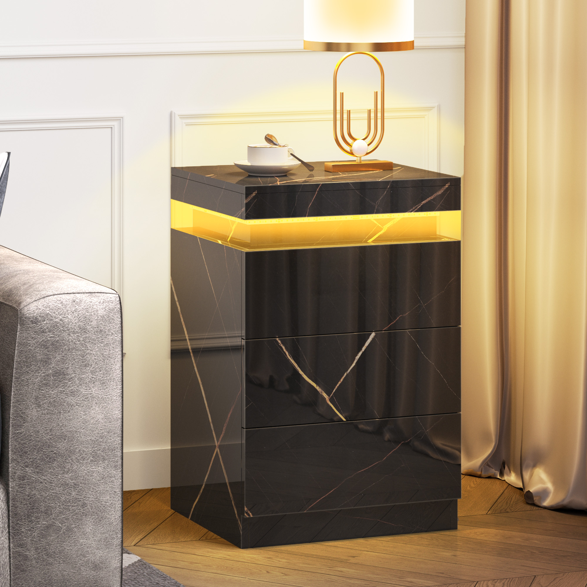 LED 2-Drawer Nightstand, Bedside Table with RGB LED Backlights, Bedroom ...