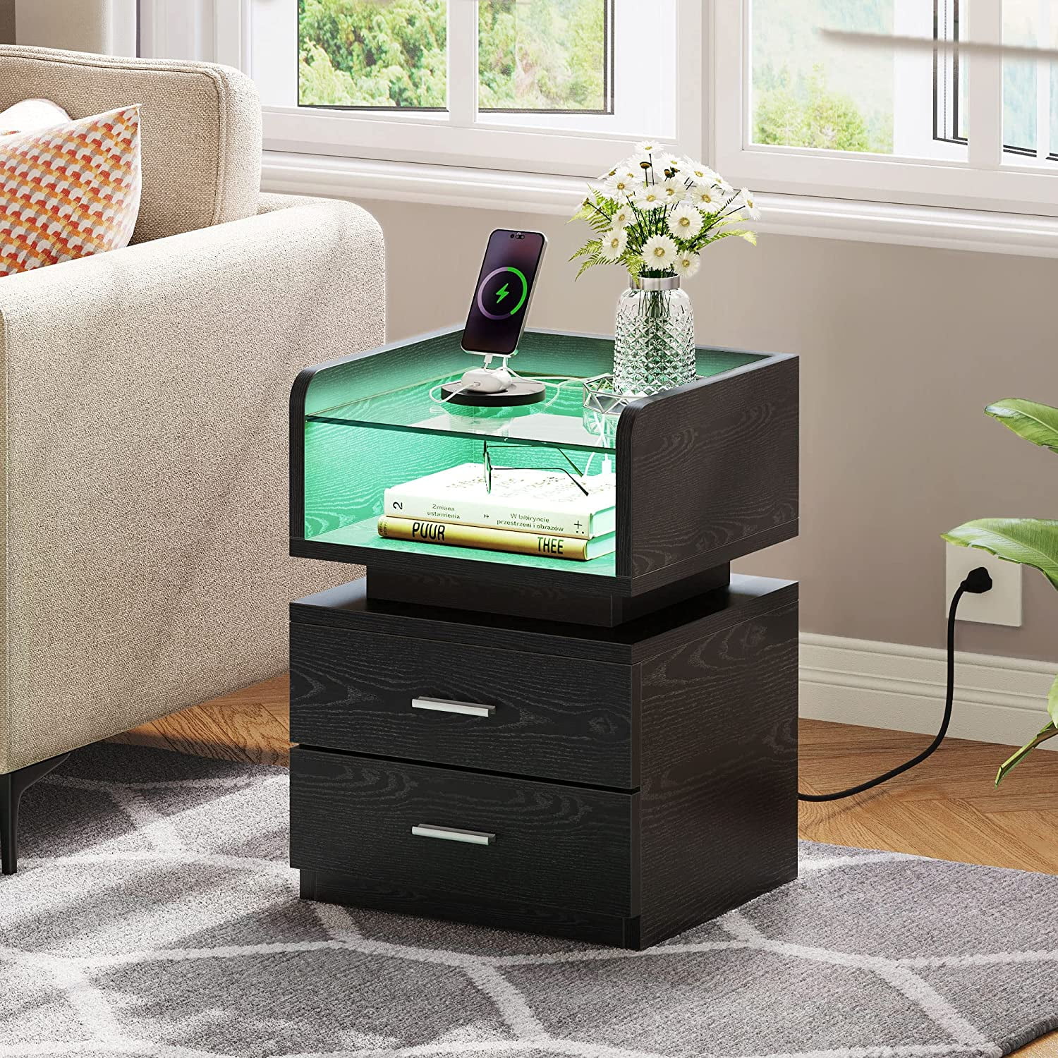 Free Shipping! Dextrus LED Nightstand W/ Charging Station and 2 Drawers, Modern End Side Table W ...