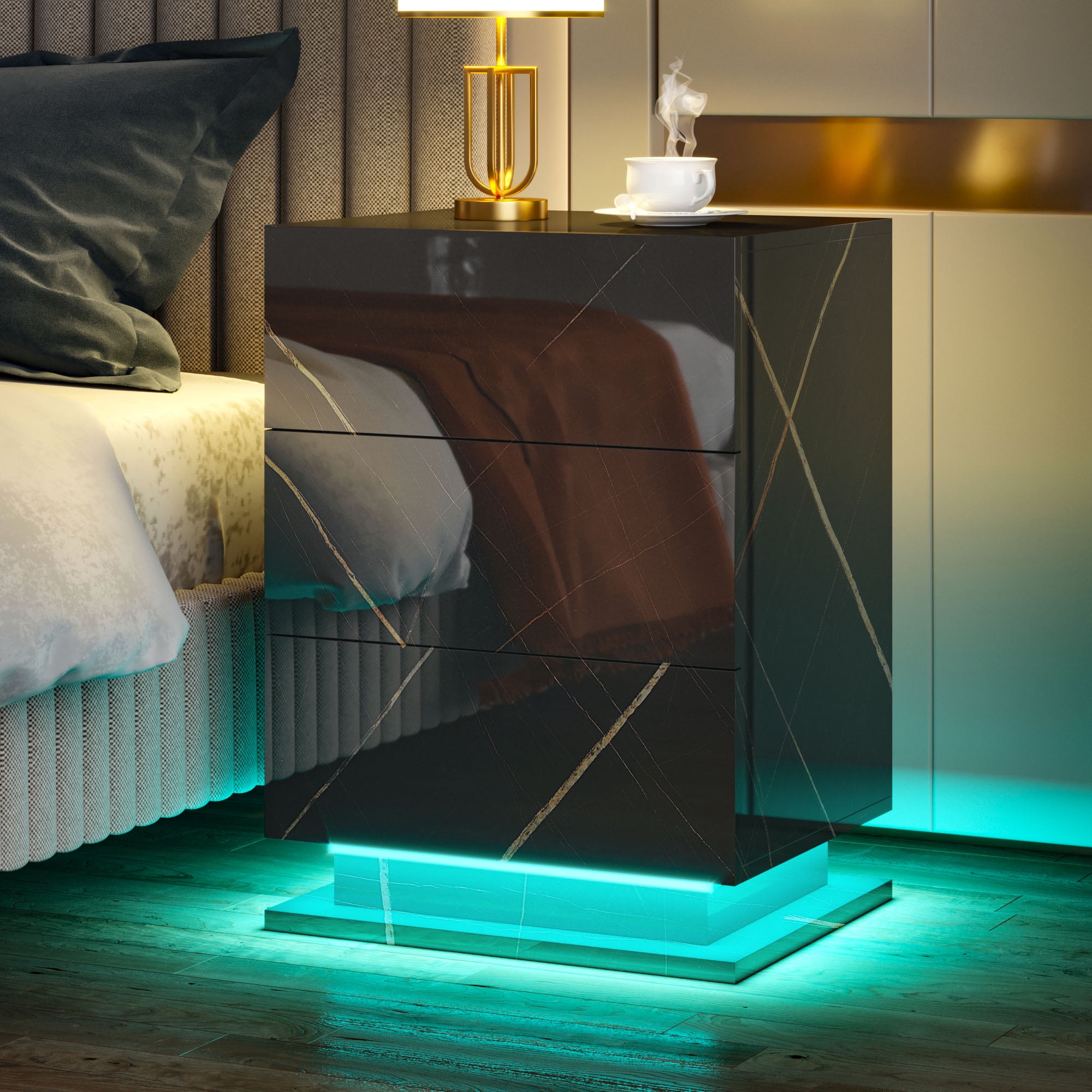 Dextrus LED Nightstand with 3 Drawers, High Gloss Bedside Tables End ...