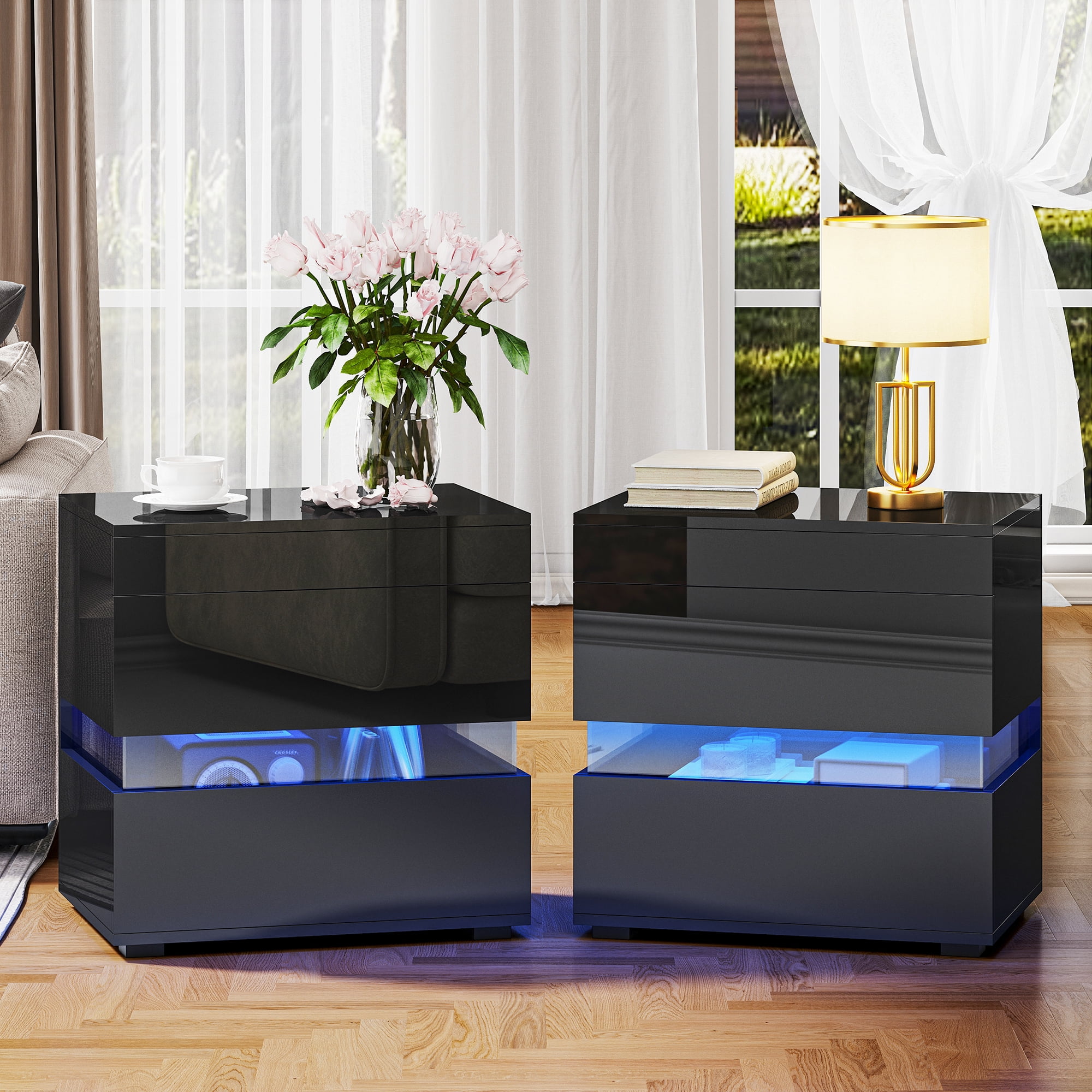 Dextrus LED Nightstands Set of 2, Bedside Table with 3 Drawers, High ...
