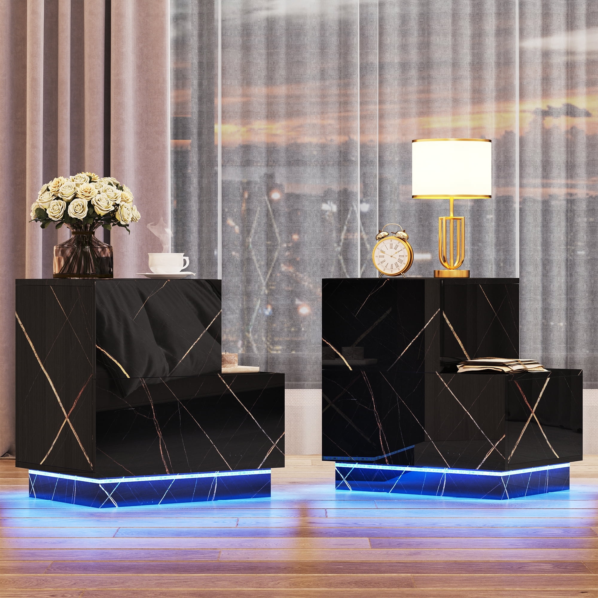 Dextrus LED Nightstands Set of 2, L-Shaped Bedside Table with Drawers ...