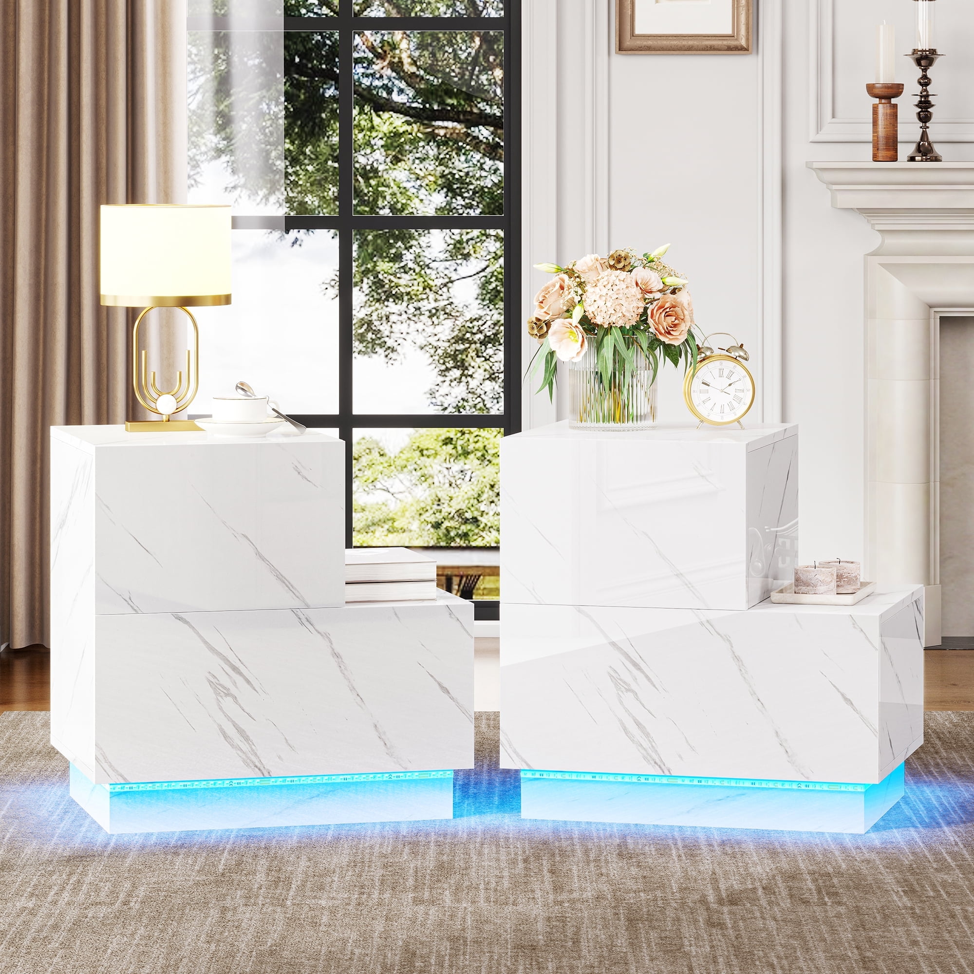 Dextrus LED Nightstands Set of 2 L Shaped Bedside Table with Drawers High Gloss End Table for Bedroom Living Room Marble White Walmart