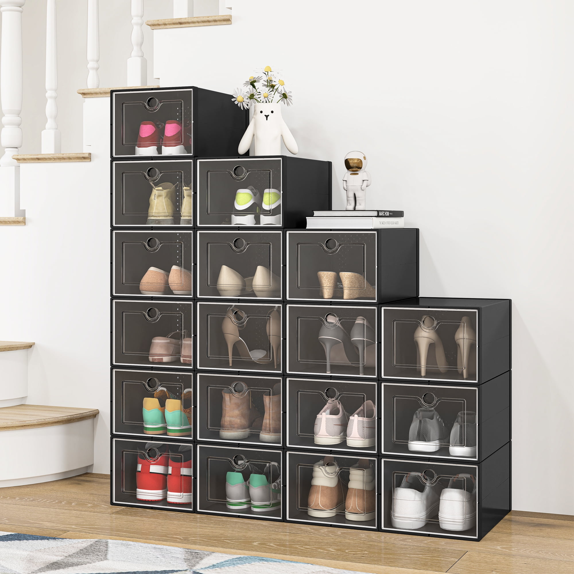 Dextrus Large 18 Pack Shoe Storage Boxe, Clear Plastic Stackable Shoe ...