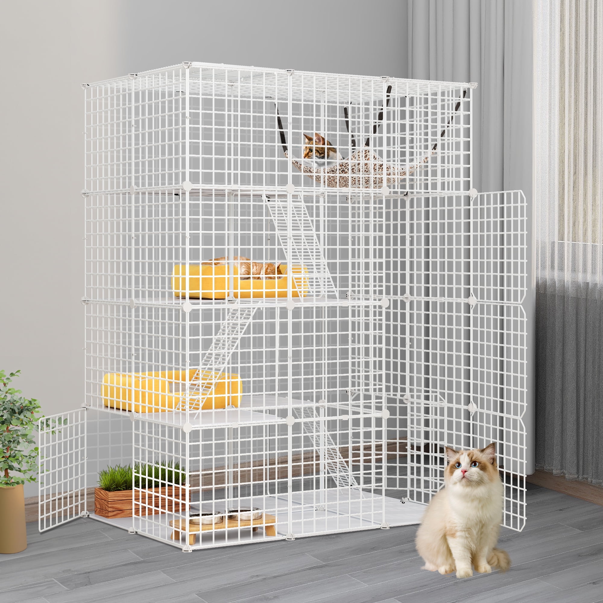 Dextrus Multi-Level Indoor Cat Home, Large 4-Tier Cage with Hammock ...