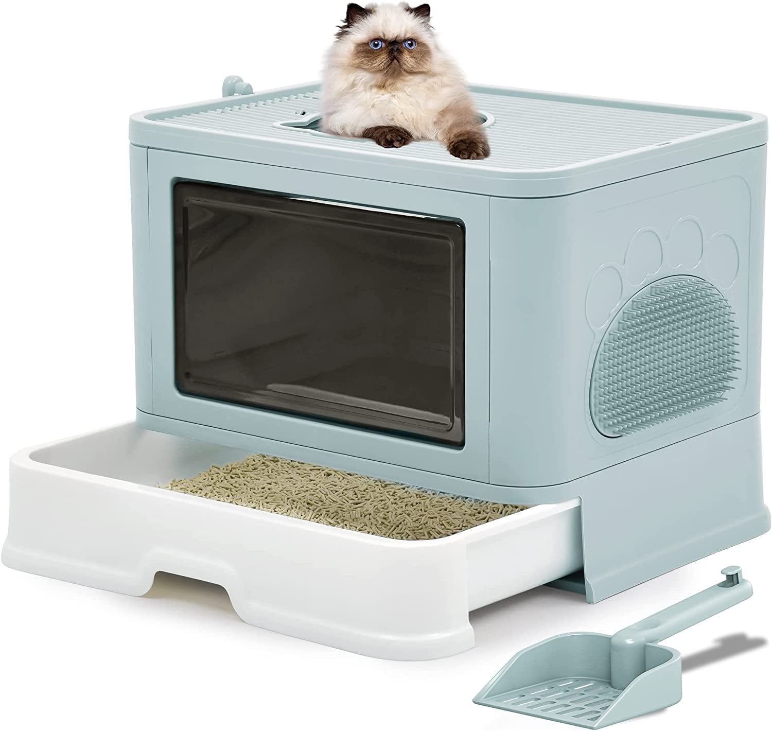 Dextrus Large Hooded Cat Litter Box with Lid, Scoop, Self-Grooming ...