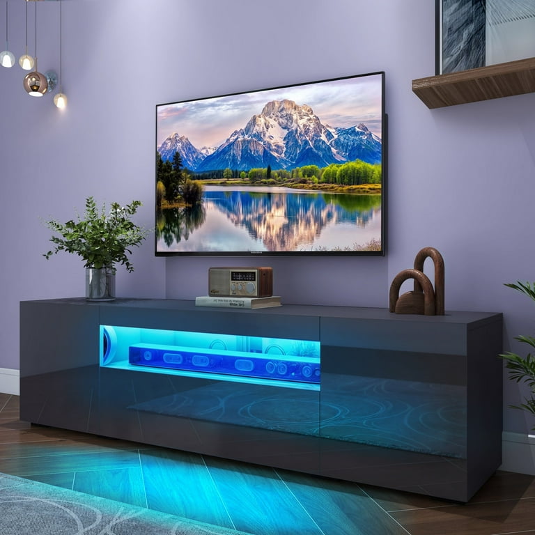 Dextrus Large LED TV stand for 75 inch TVs Gray High Glossy Media Center with 2 Cabinets and 1 Drawer for Living Room 70