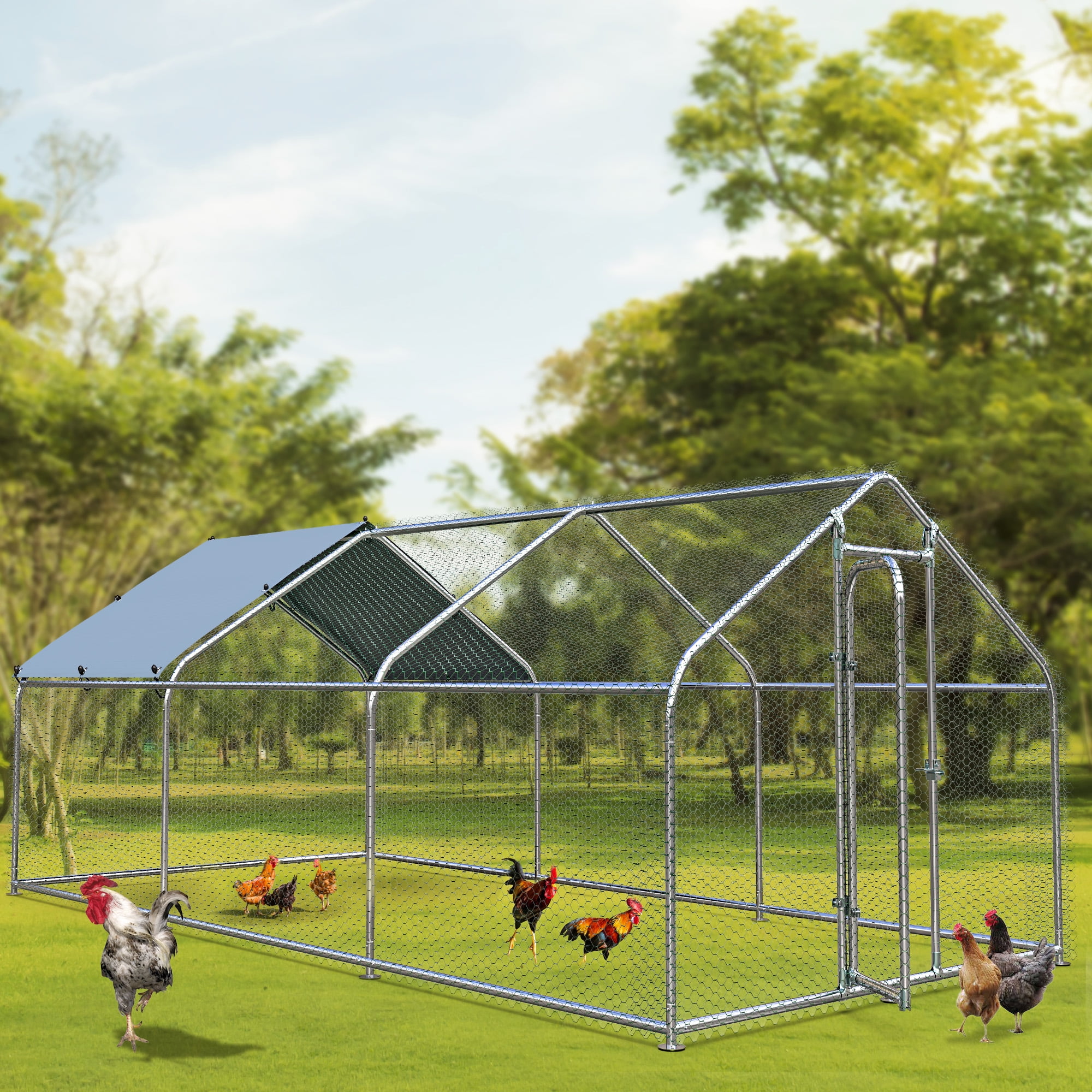 Dextrus Large Metal Chicken Coop, Walk-in Aviary for Hens, Ducks ...