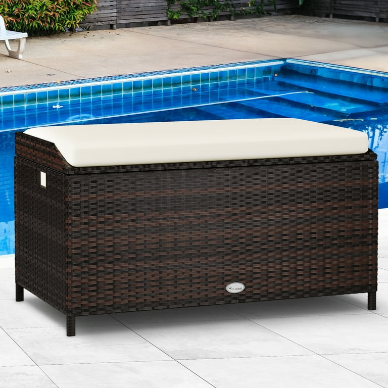 Dextrus Large Outdoor Rattan Storage Bench Spacious PE Wicker Patio Storage Box with Easy to Use Handles and Comfortable Cushion Ideal for Backyard