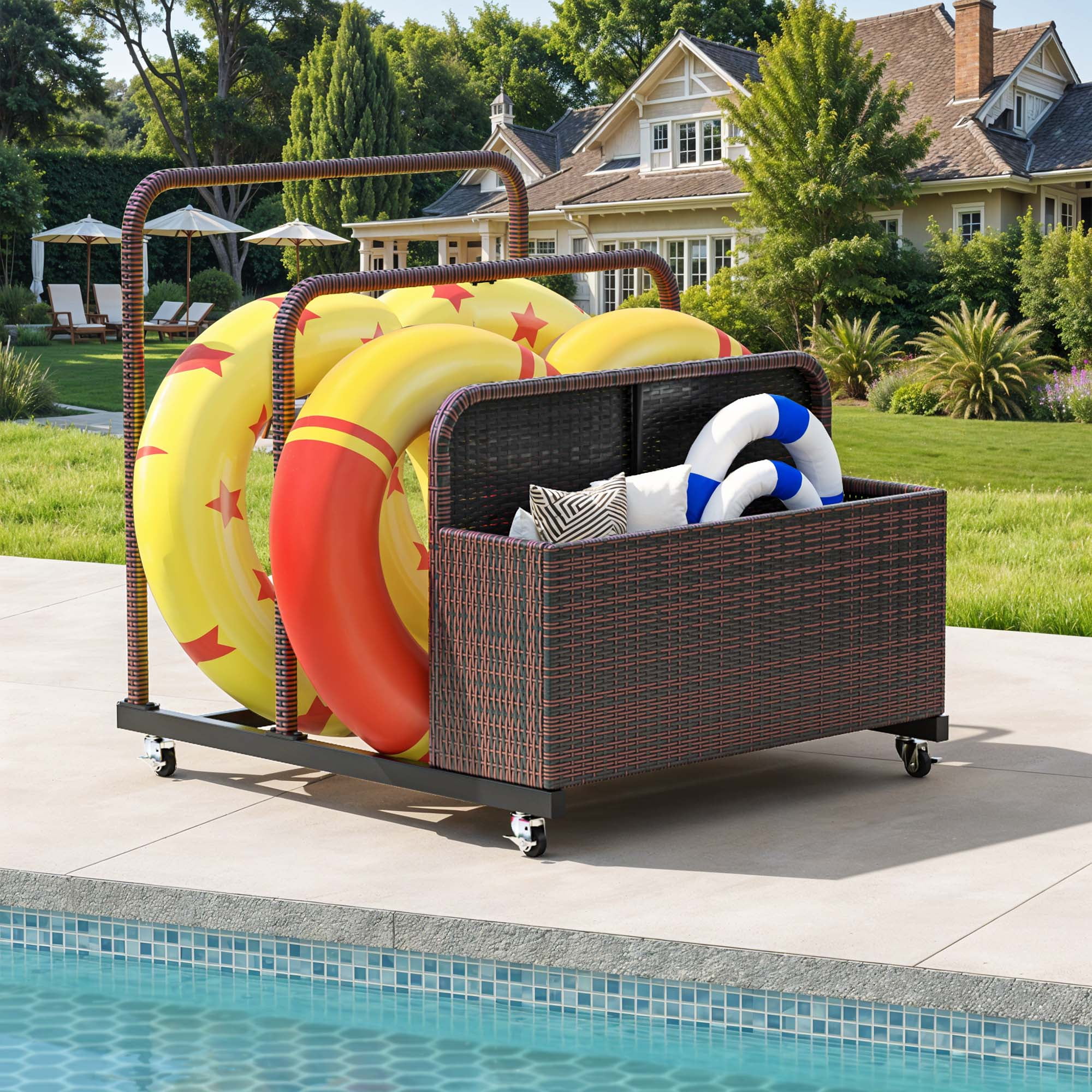 Dextrus Large PE Rattan Pool Float Storage Bin, Pool Storage for ...