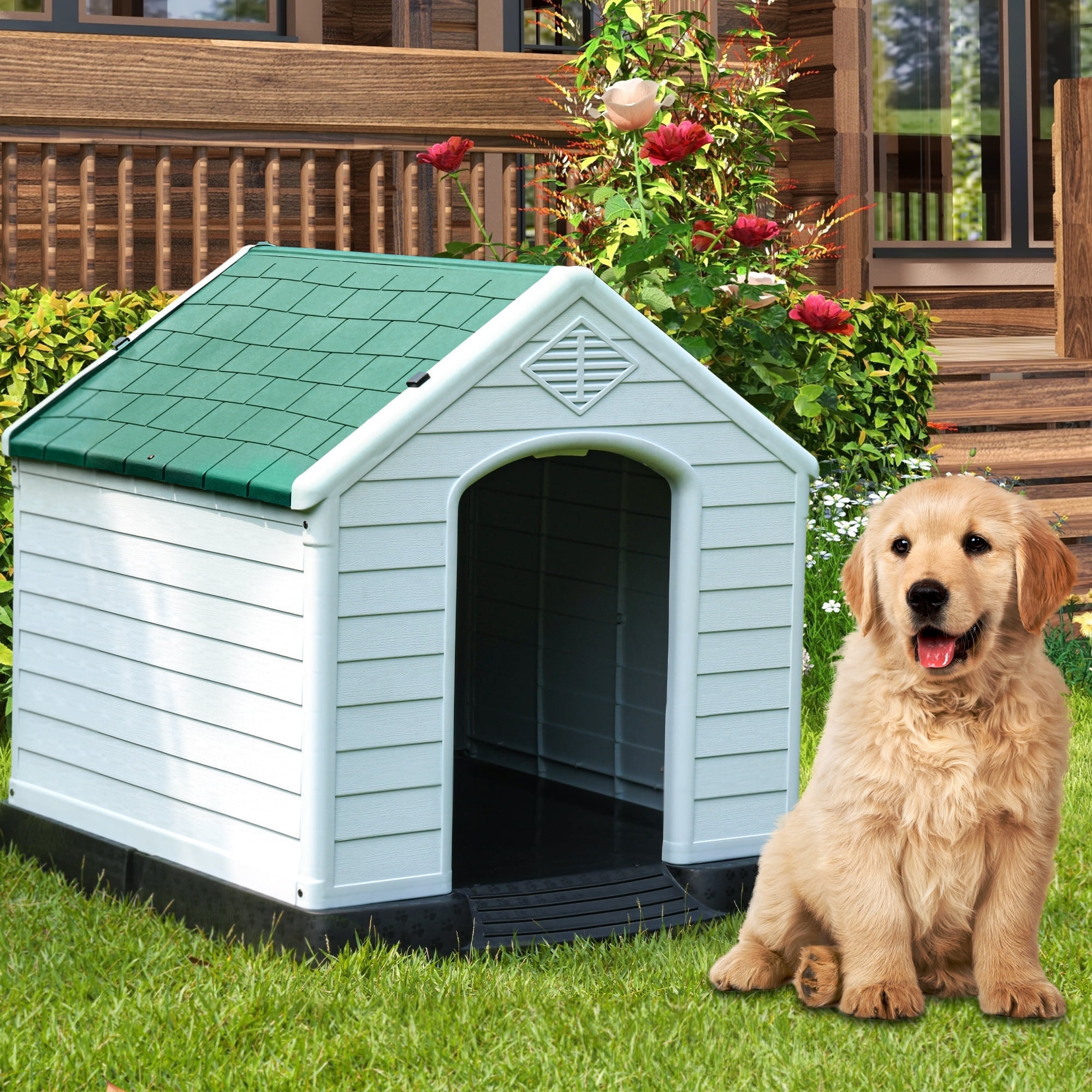 Dextrus Large Plastic Dog House, Air Vents, Elevated Floor, Indoor ...