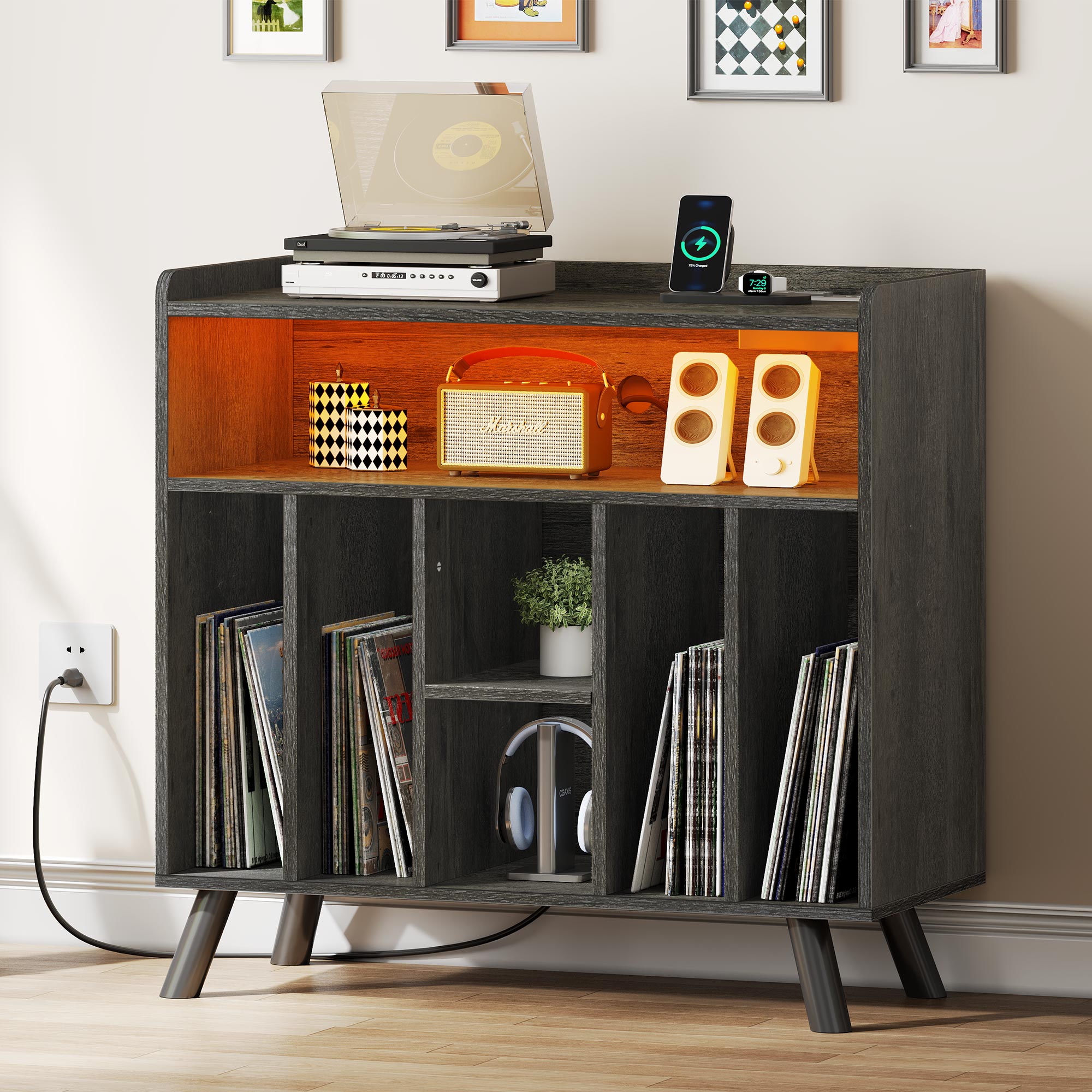 Dextrus Large Record Player Stand with Power Outlets & LED Lights ...