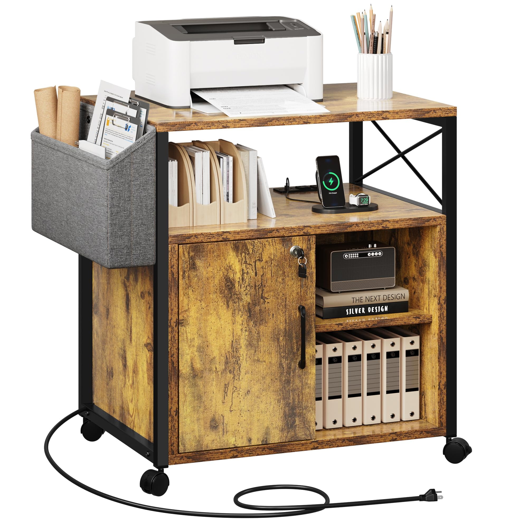 Dextrus Lateral File Cabinet, Wood Printer Stand with Charging Station ...