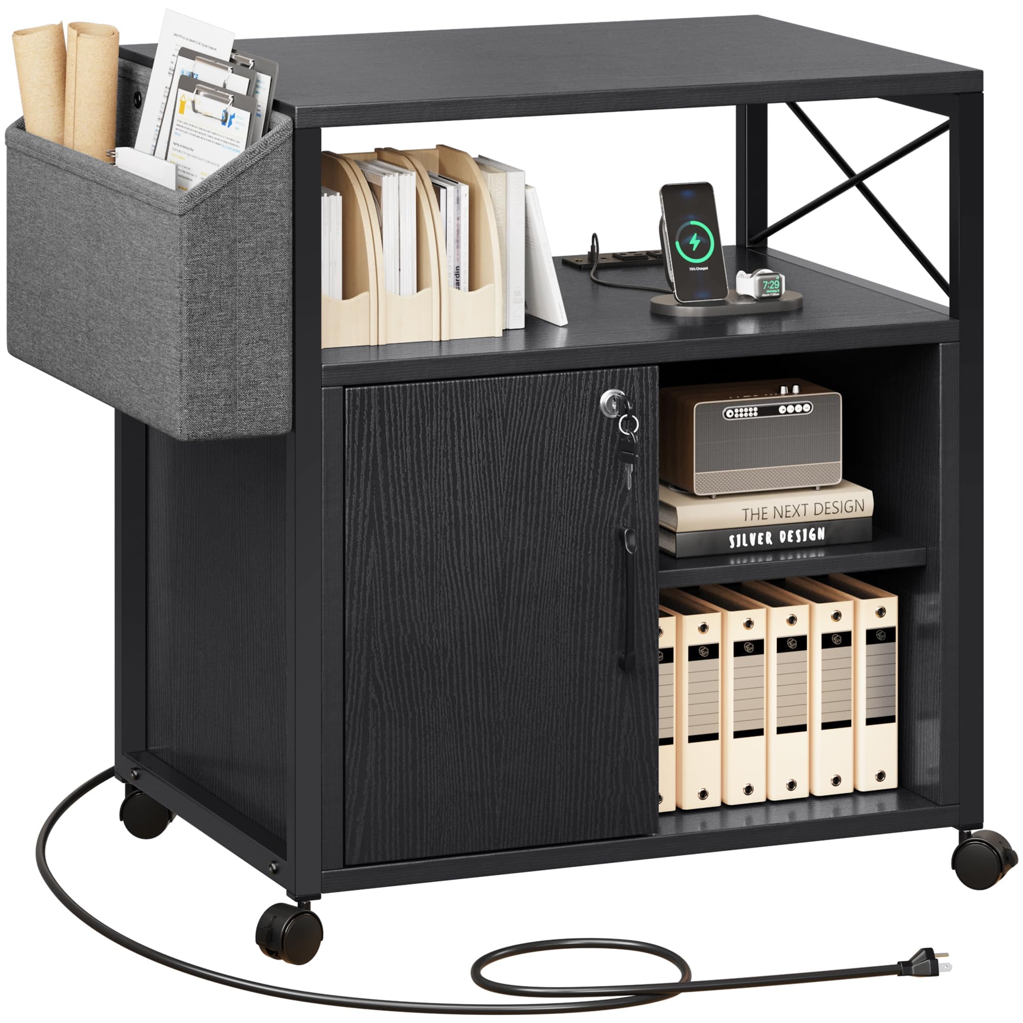 Dextrus Lateral File Cabinet, Wood Printer Stand with Charging Station ...