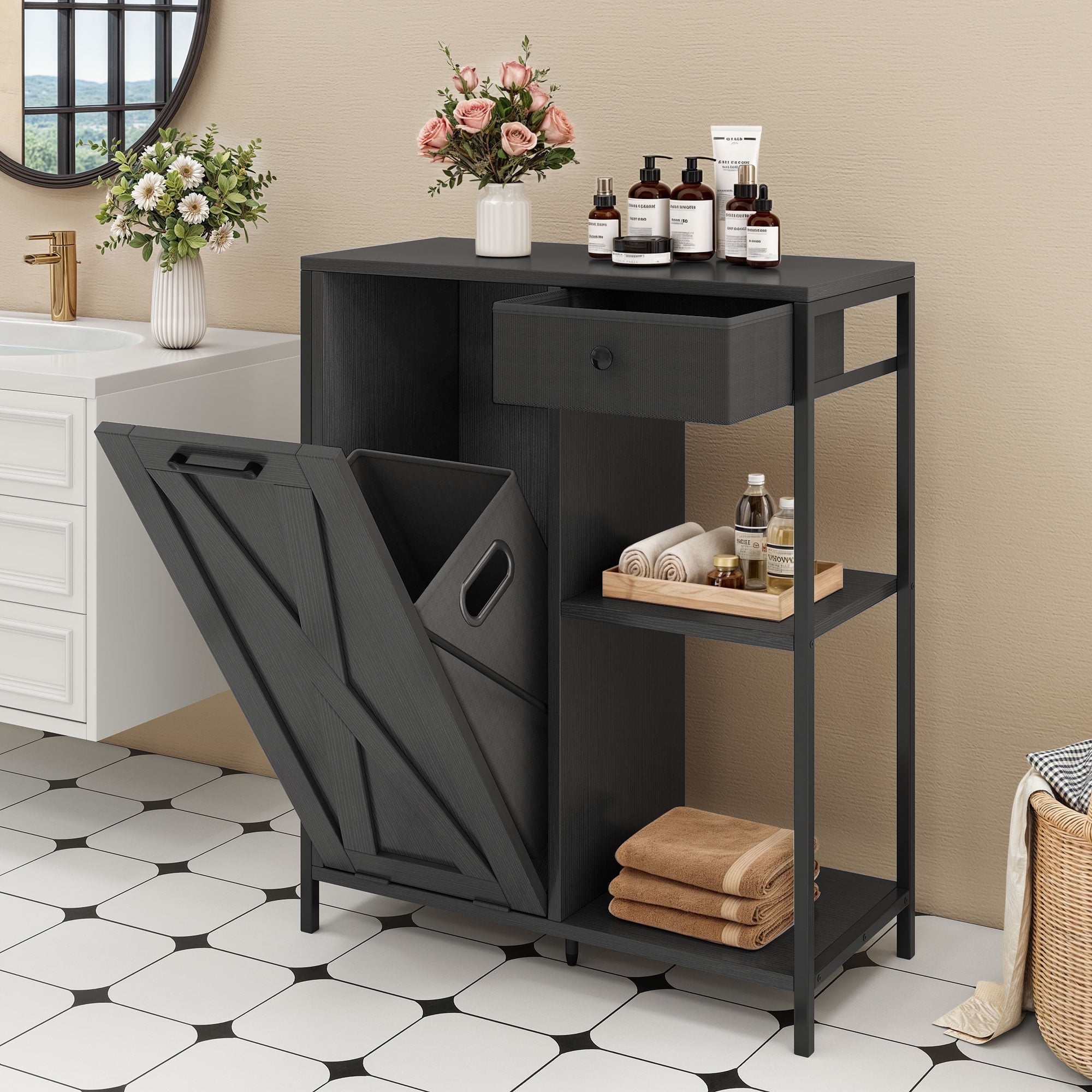 DEXTRUS Laundry Hamper Bathroom Cabinet with Basket & Drawer, Tilt Out ...