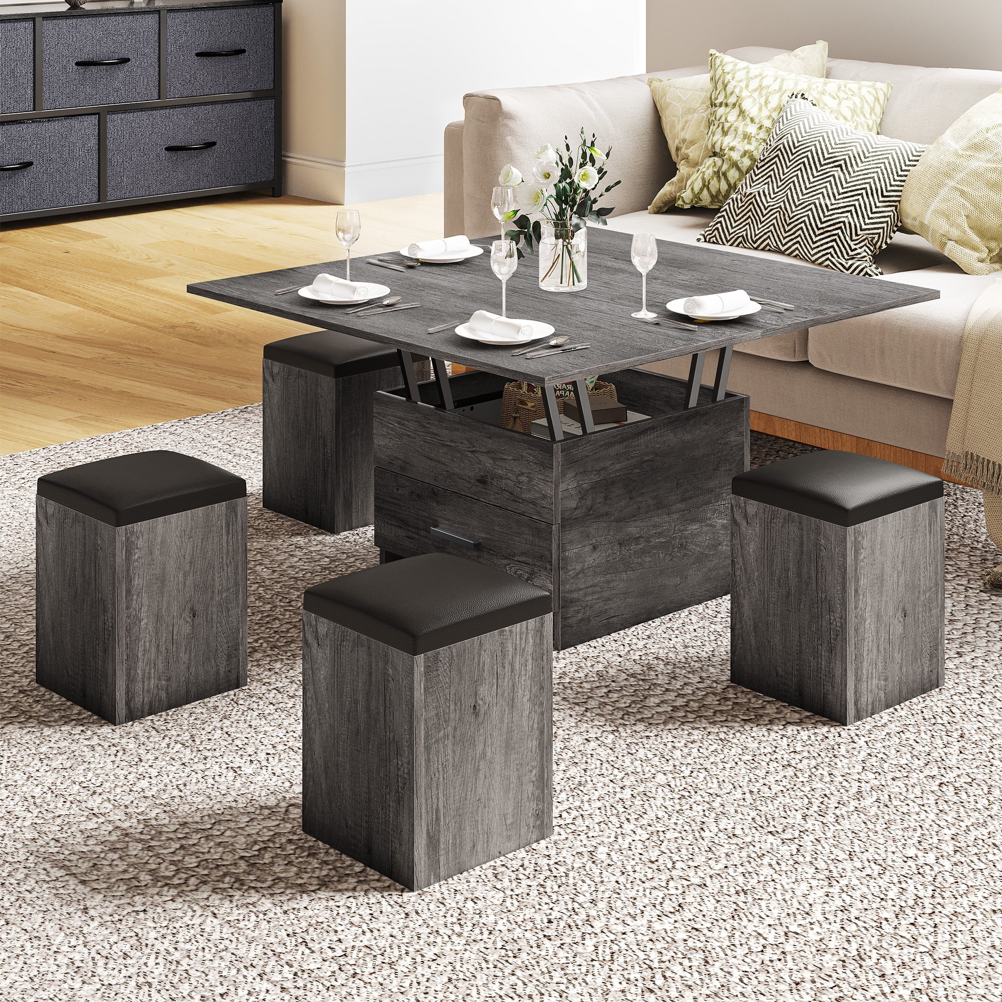 Dextrus Lift Top Coffee Table with 4 Storage Stools, Hidden Compartment ...