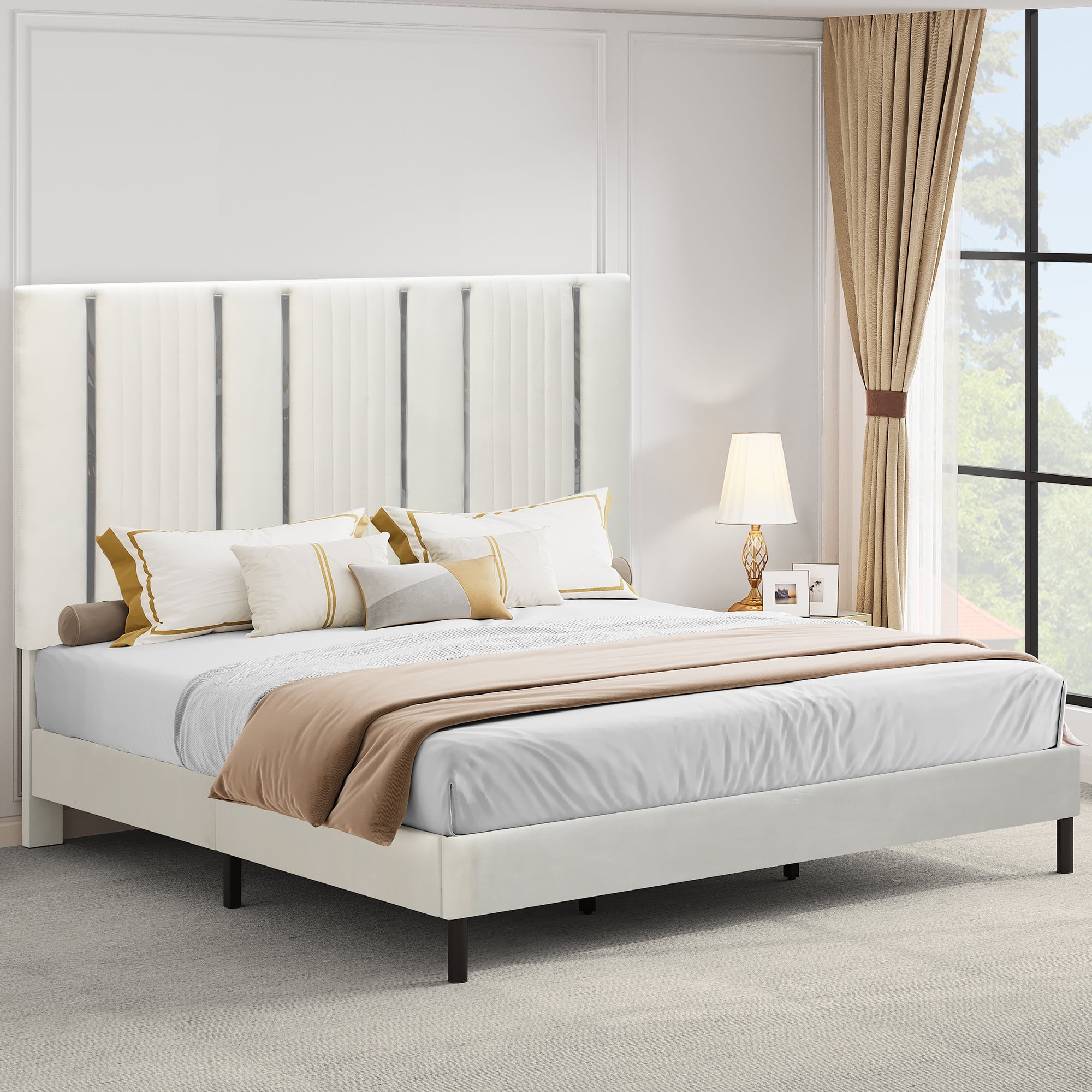 Dextrus Luxurious King Platform Bed Frame with 52'' Upholstered ...