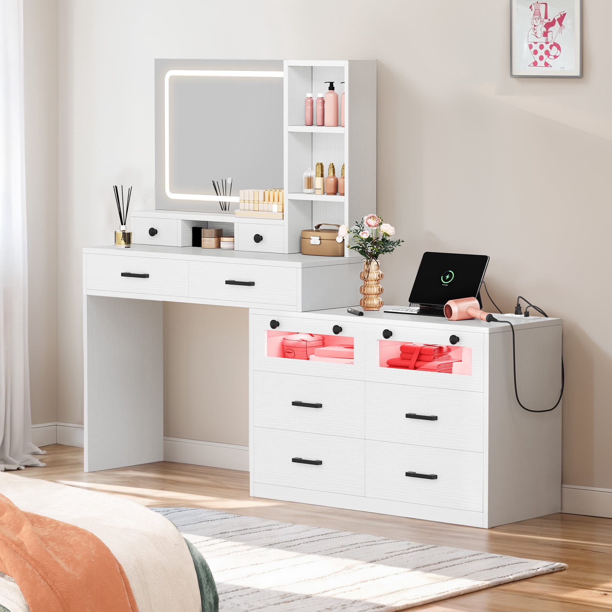 Dextrus Makeup Vanity Desk with LED Lighted Mirror 10 Drawers ...