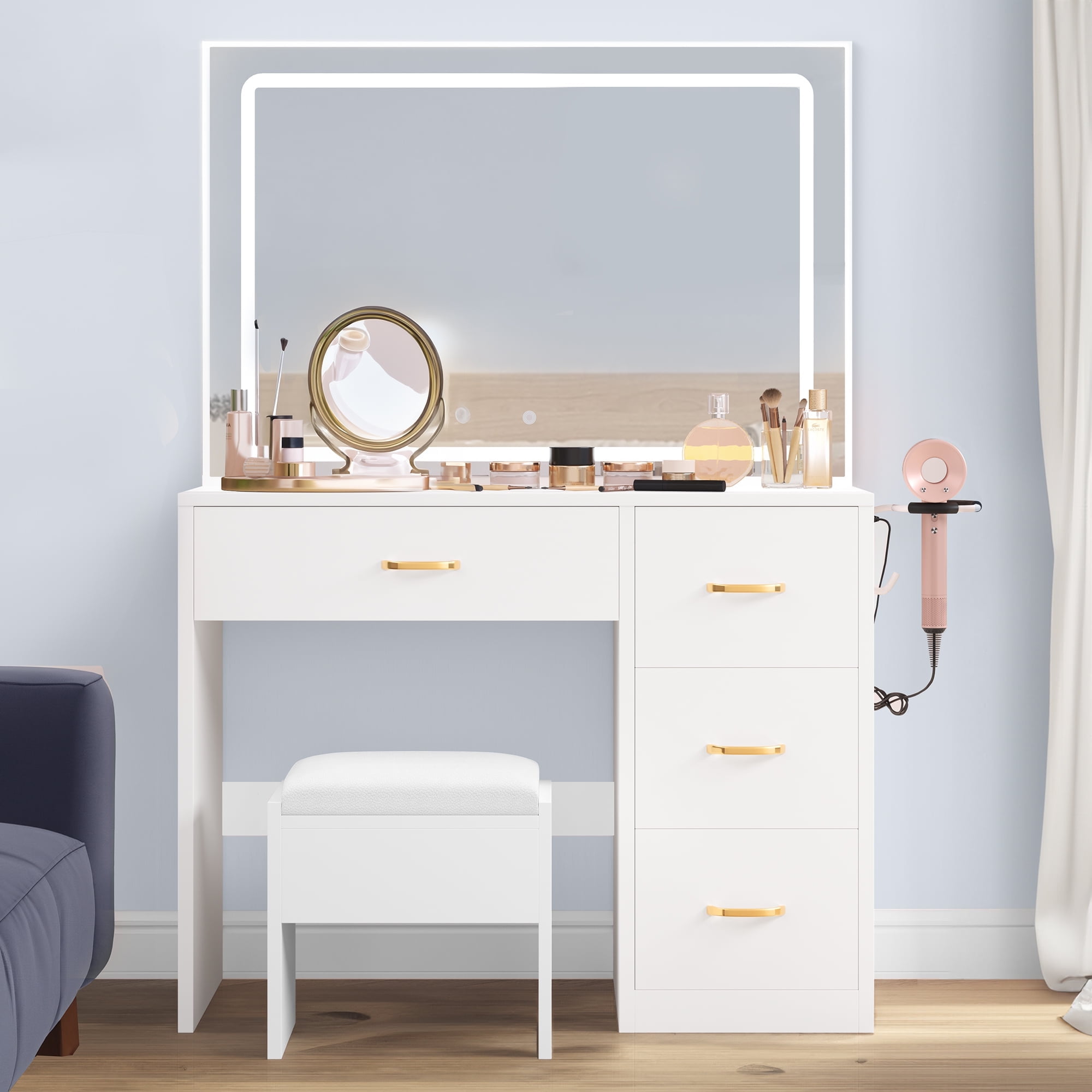Dextrus Makeup Vanity Desk with Large Lighted Mirror and Storage ...