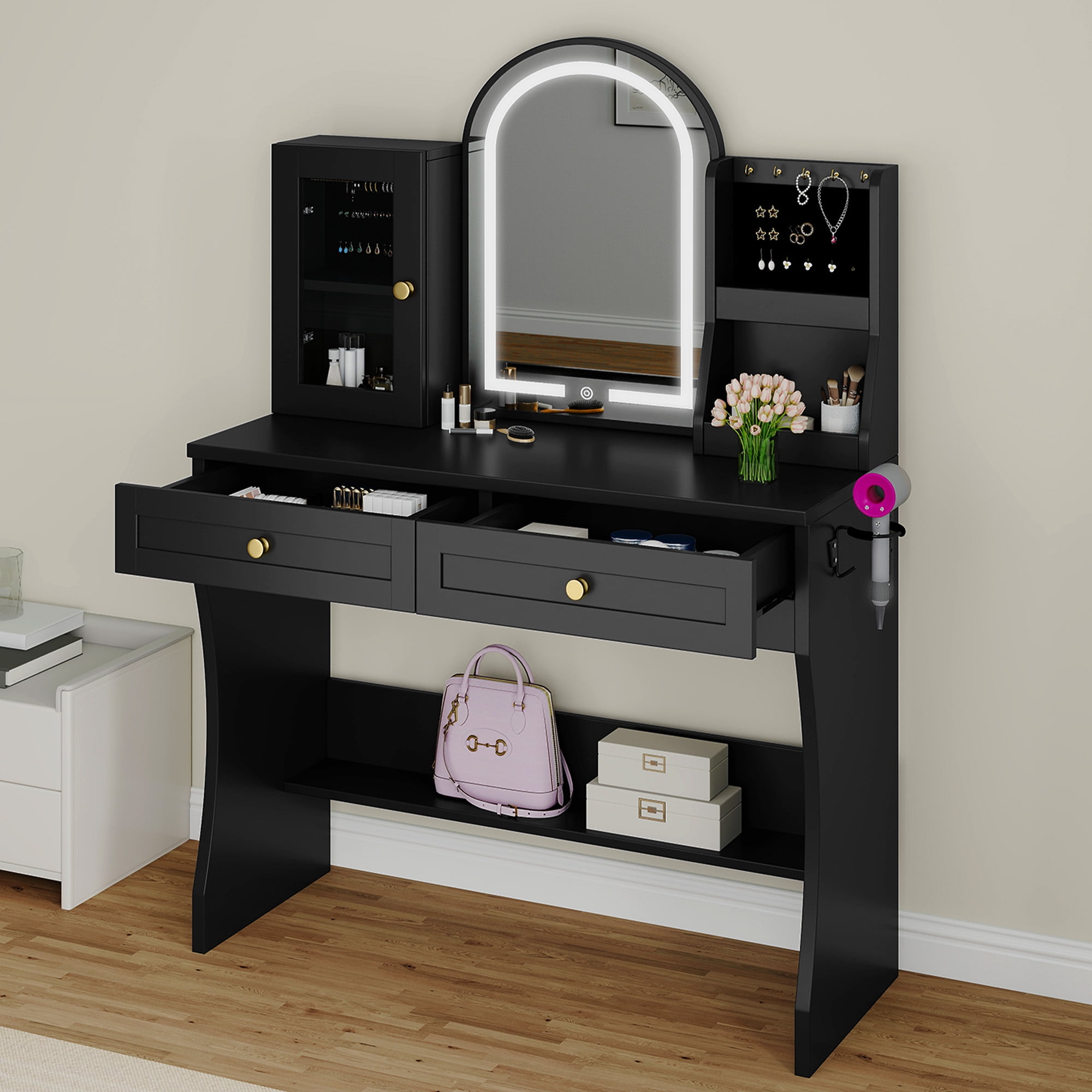 Dextrus Makeup Vanity Desk with Mirror & Lights, Vanity Table with 2 ...