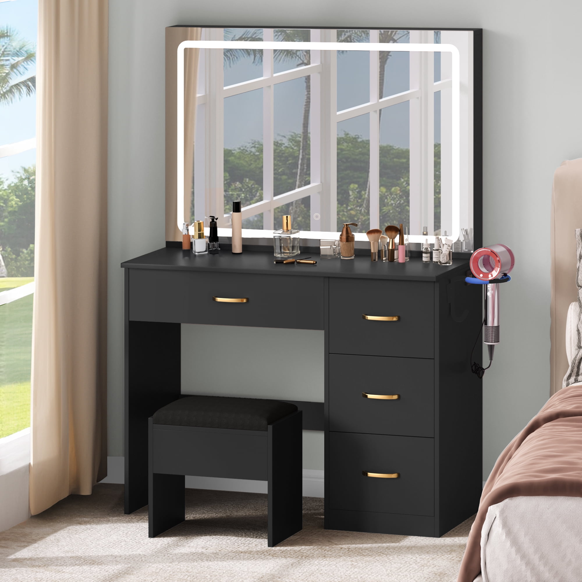 Dextrus Makeup Vanity Desk with Large Lighted Mirror and Storage ...
