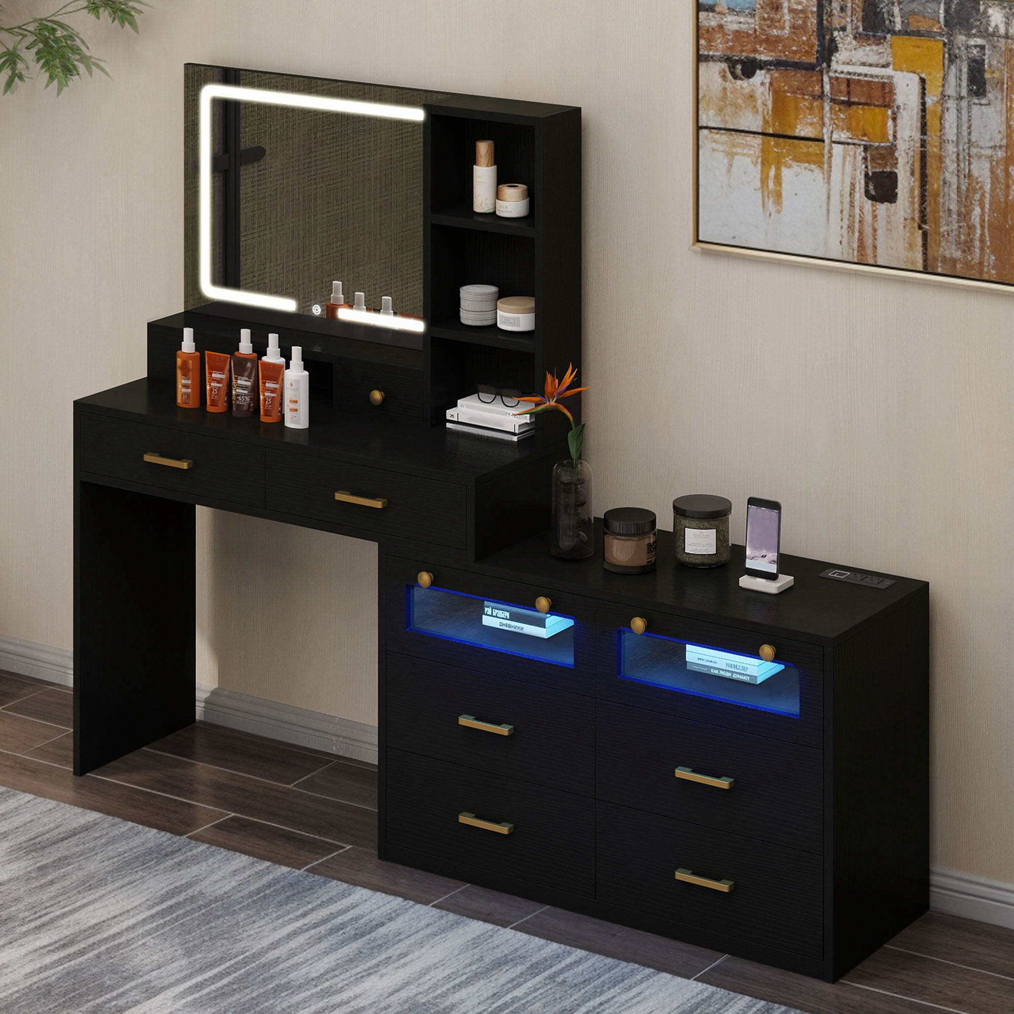 Dextrus Makeup Vanity Desk with Mirror and Light, Large Makeup Dressing ...