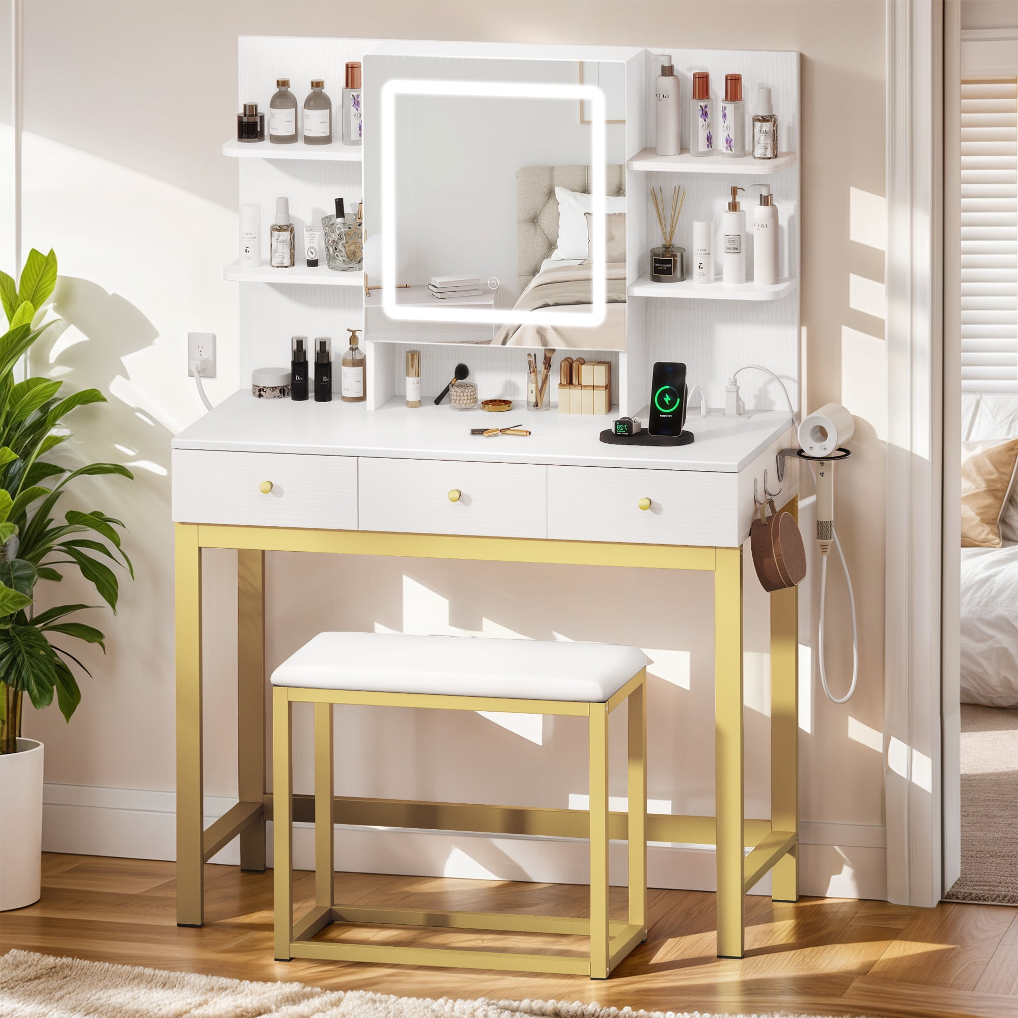 Dextrus Makeup Vanity Set with LED Lighted Mirror, Makeup Desk with ...