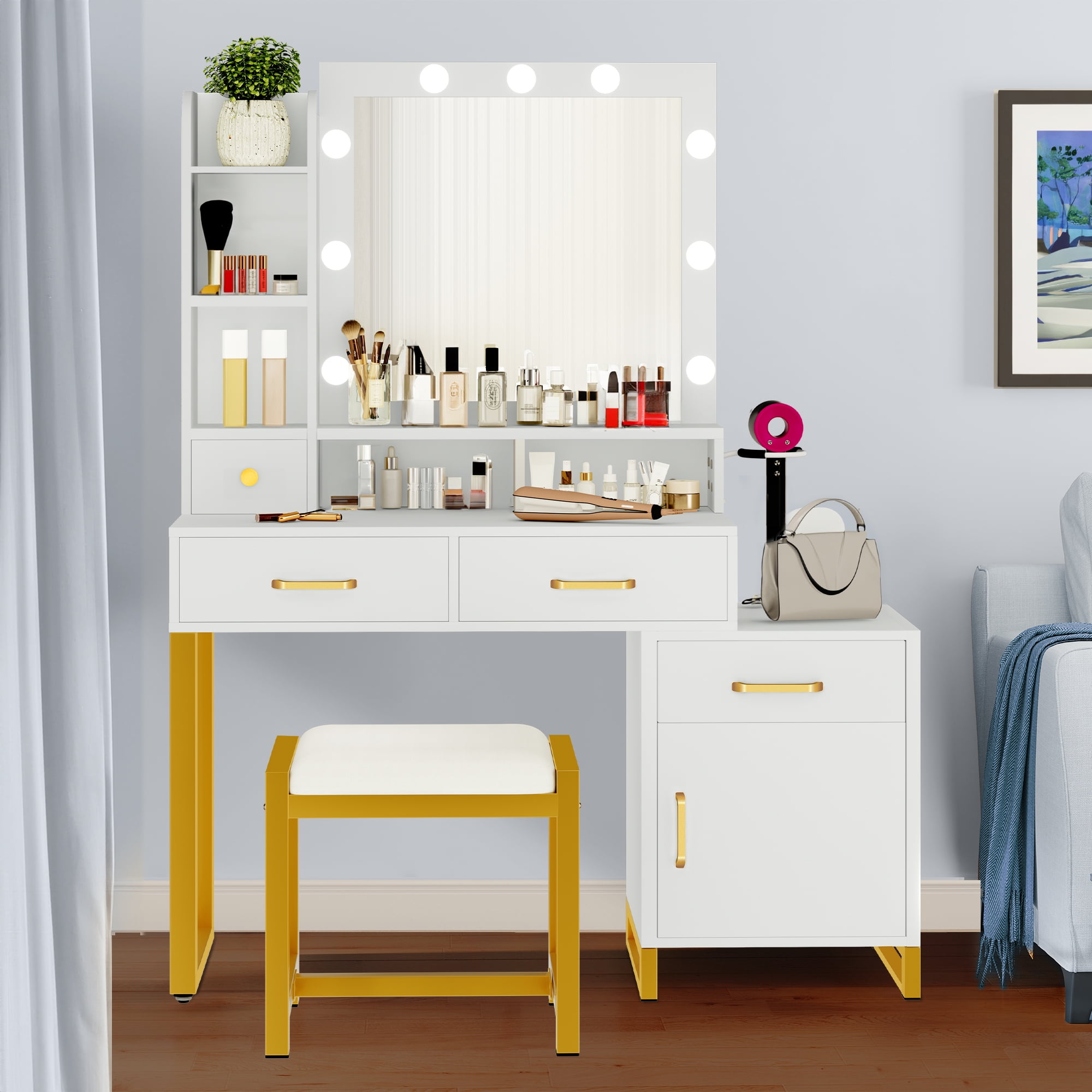 Dextrus Makeup Vanity with Lights, Vanity Mirror, and Drawers, White ...