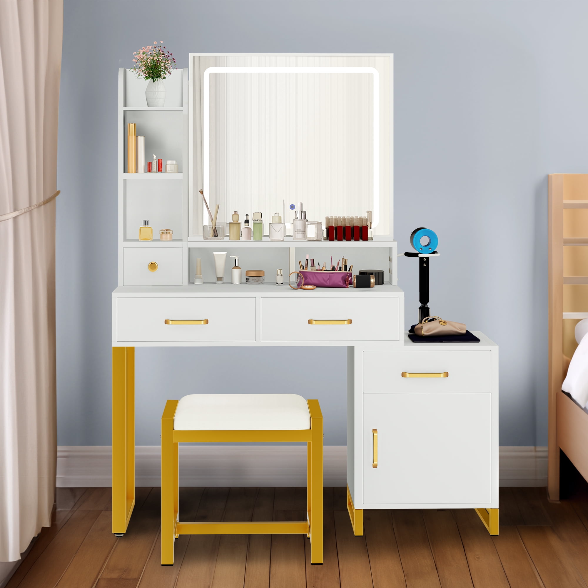 Dextrus Makeup Vanity with Mirror, Lights and Drawers, Vanity Table Set ...