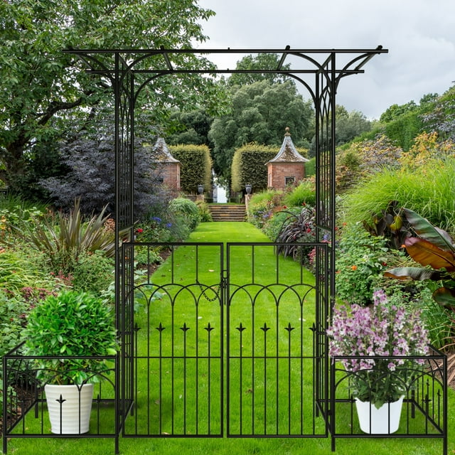 Dextrus Metal Garden Trellis with Gate and Built-in Planter Box ...