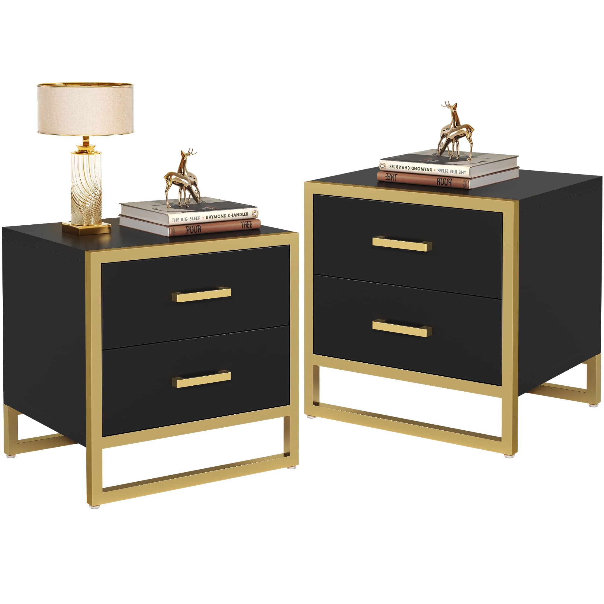 Dextrus Black Mid-Century Modern Nightstands, Set of 2 with Drawers for ...