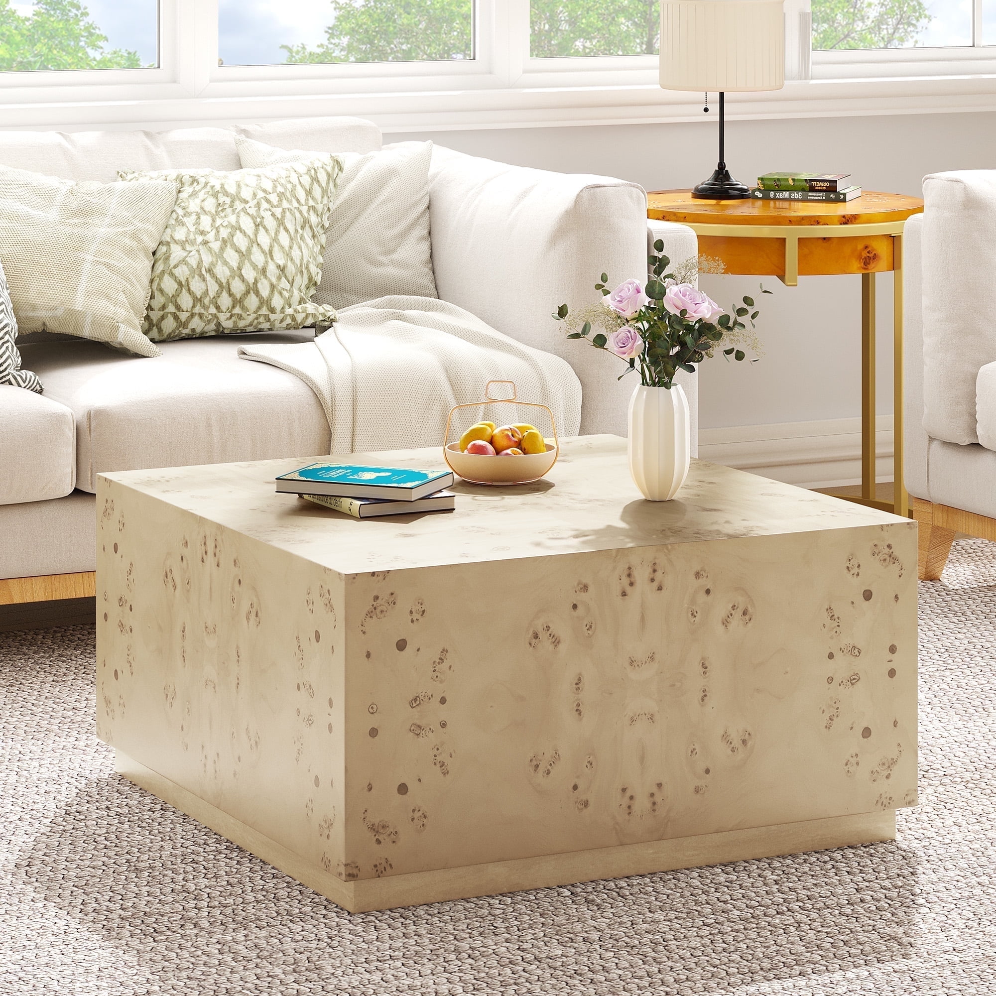 Dextrus Burl Wood Square Coffee Table, Natural Solid, Fully Assembled ...
