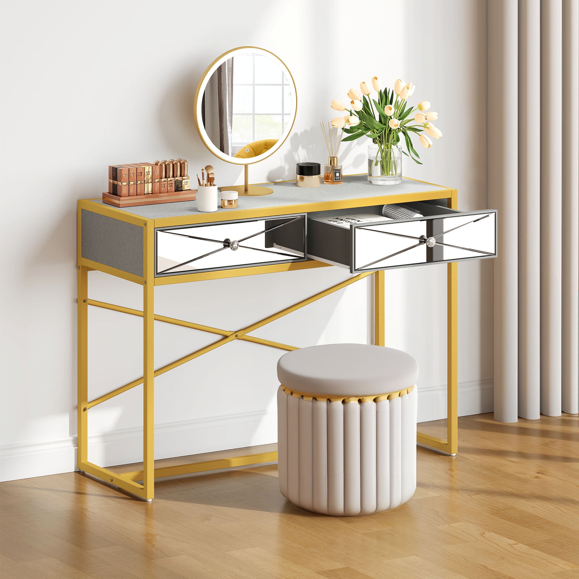 Dextrus Mirrored Console Table with 2 Drawers, Mirrored Vanity Desk for ...