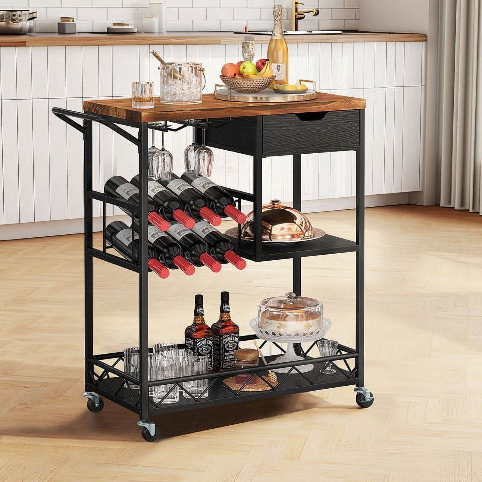 Dextrus 3-Tier Mobile Bar Cart with Wine Rack, Glass Holder & Drawer ...