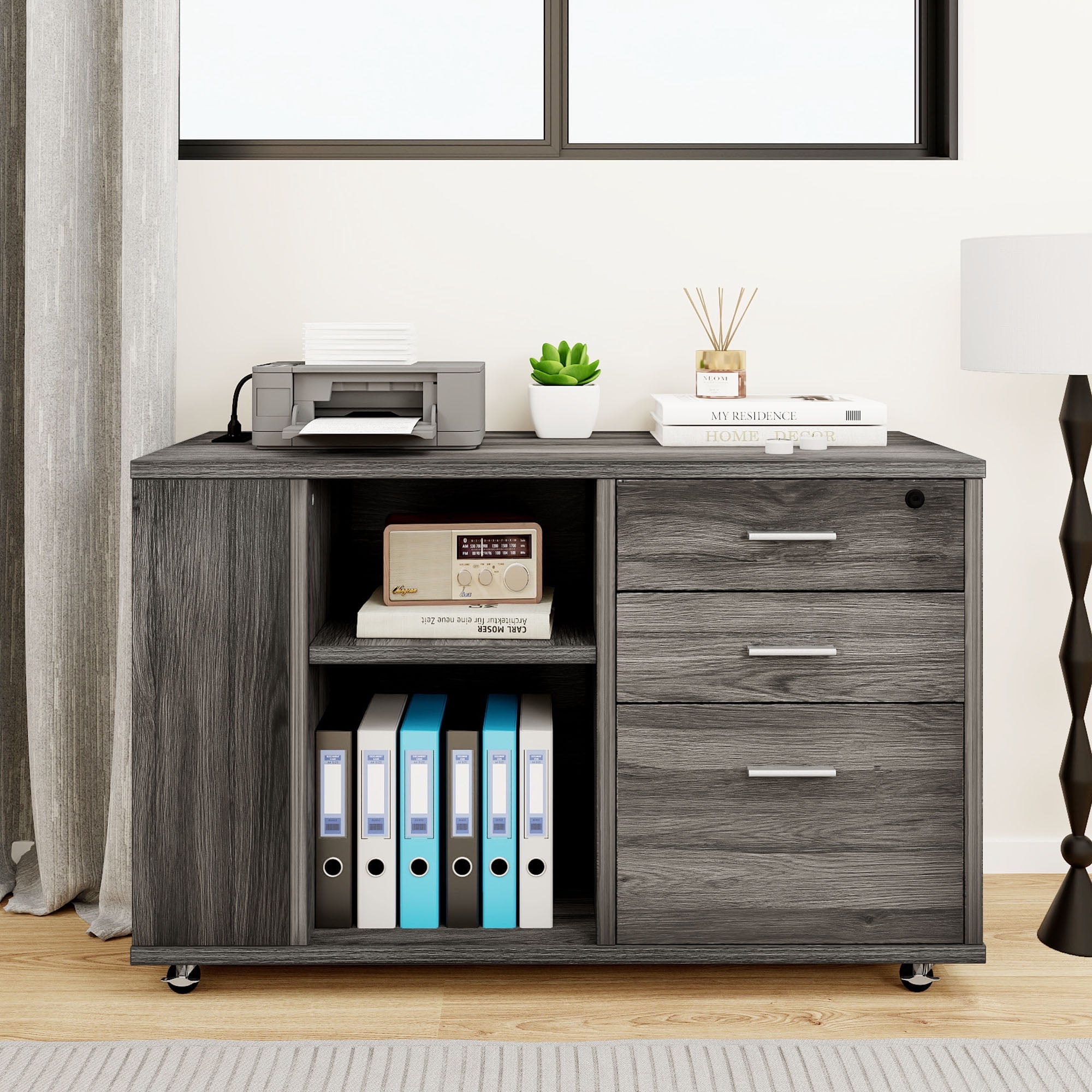 Dextrus Movable Wooden File Cabinet with Charging Station & Printer ...